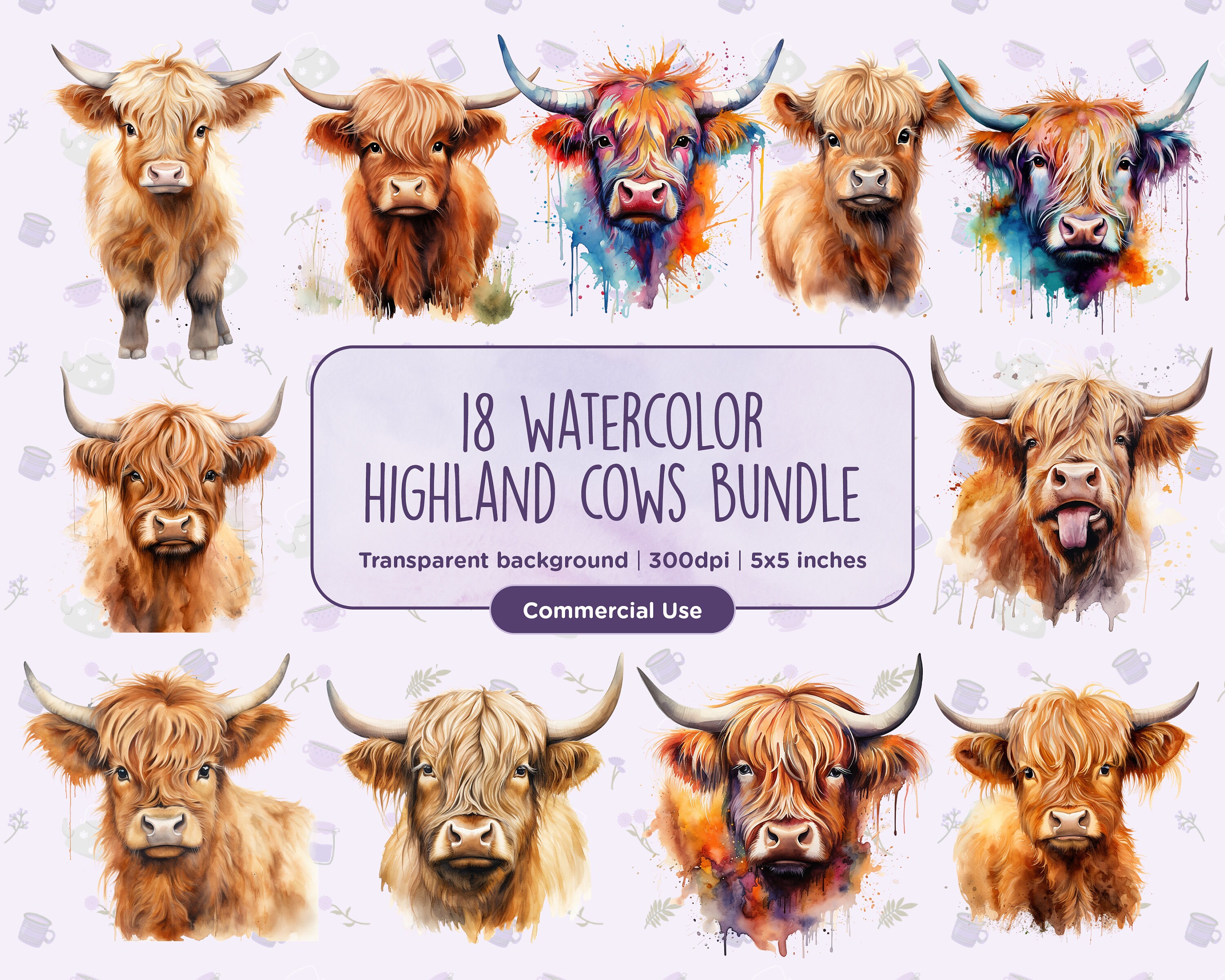 18 Watercolor Highland Cows Clipart High Quality Cute - Etsy
