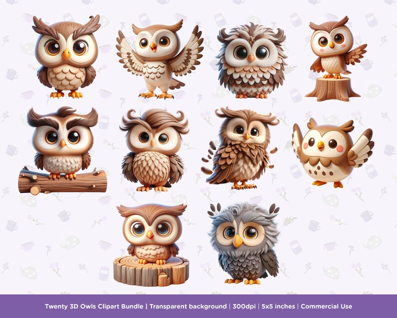 20 3D Owls Clipart - Cute, Cartoon Characters, Woodland Owls, Tawny Owl ...