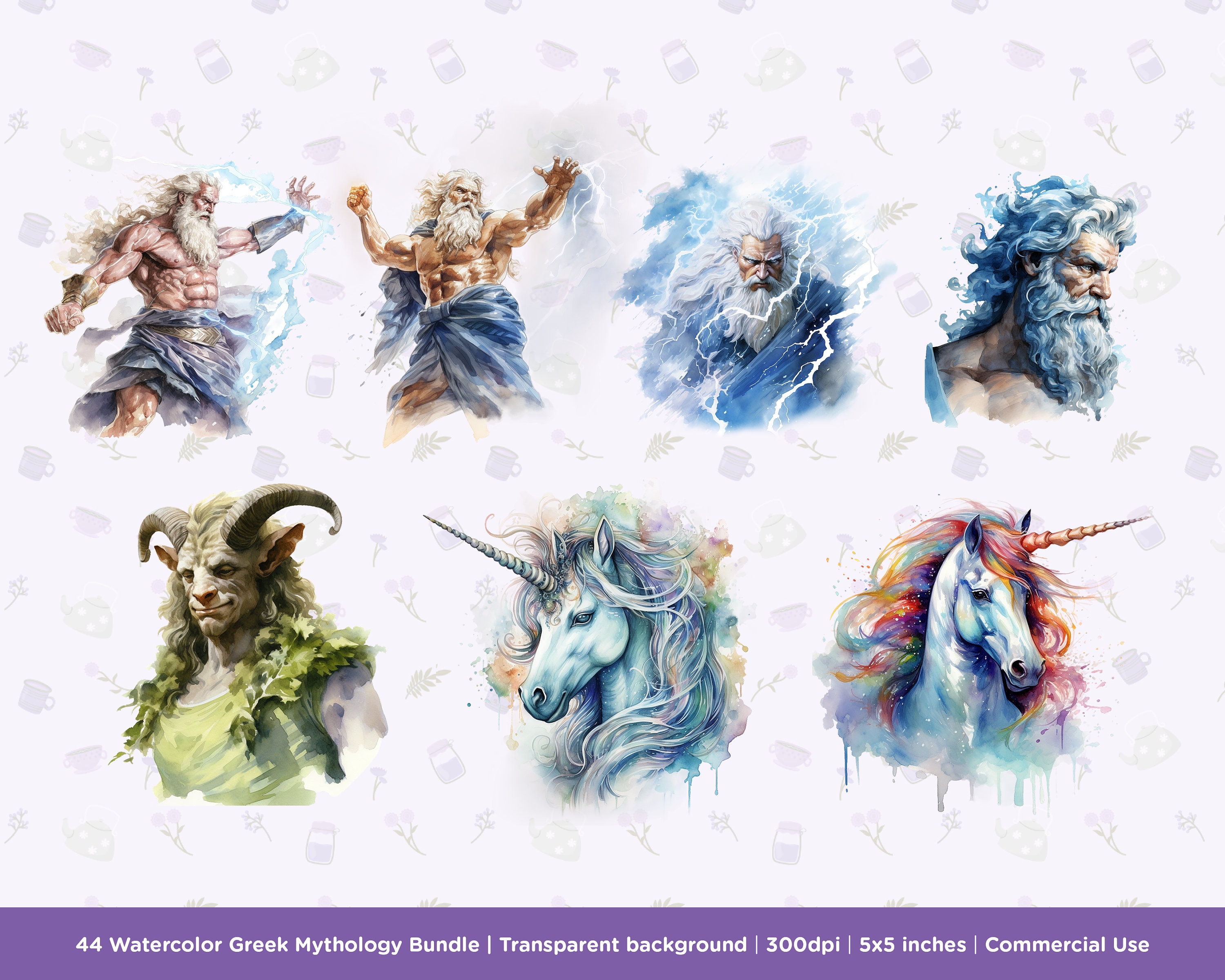 44 Watercolor Greek Mythology Clipart - Zeus, Gods, Poseidon, Hades ...