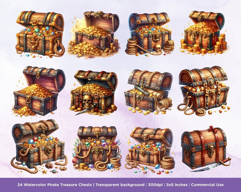 24 Watercolor Pirate Treasure Chests Clipart - Gems, Diamonds ...