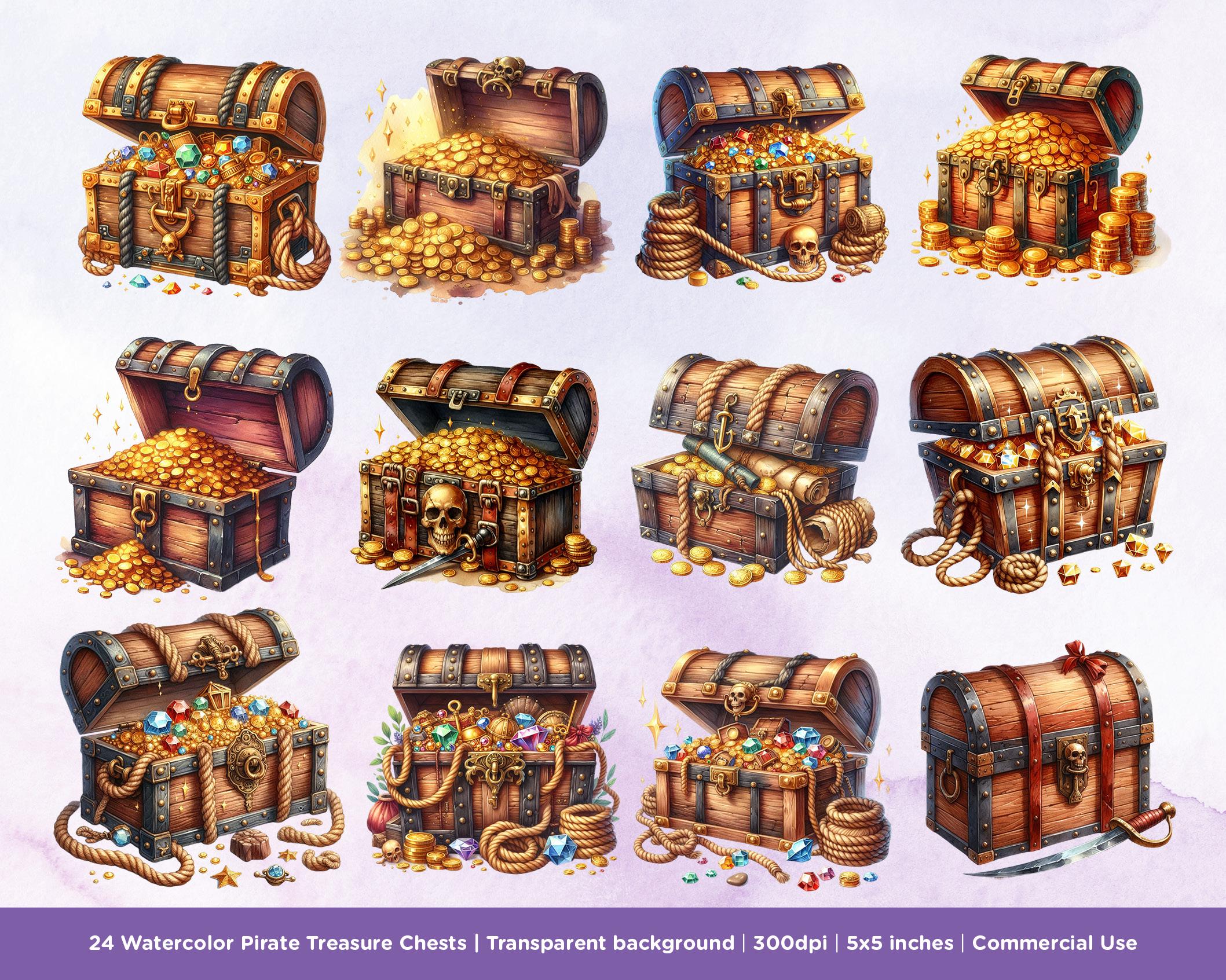 24 Watercolor Pirate Treasure Chests Clipart - Gems, Diamonds ...
