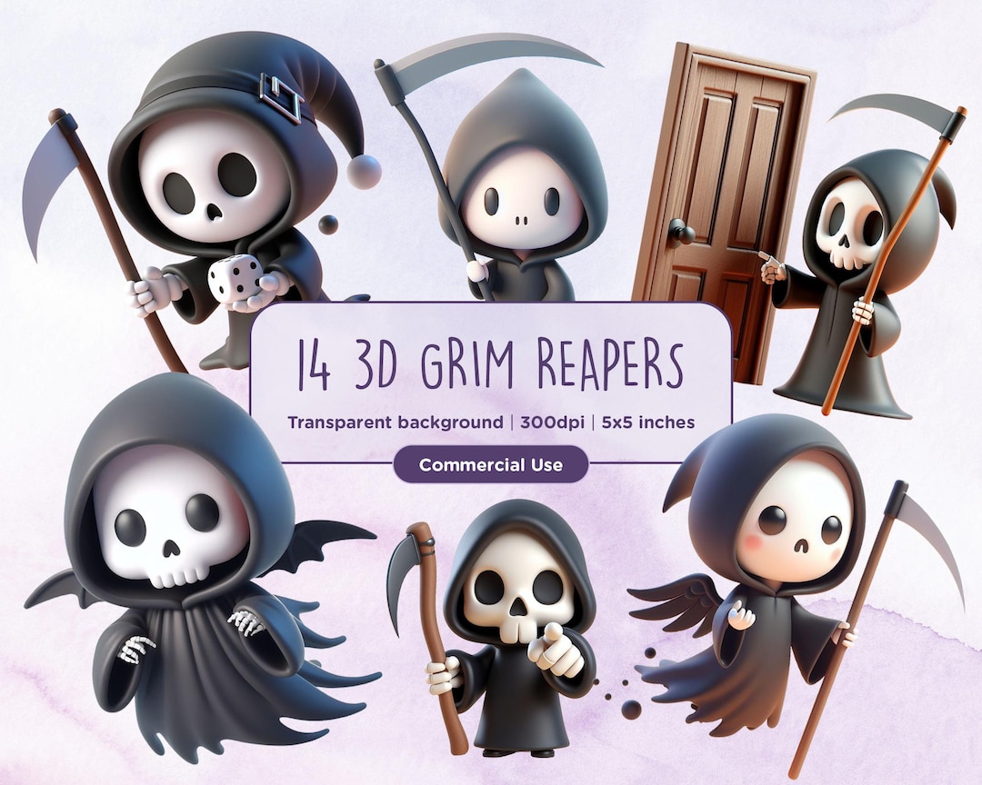 14 3D Chibi Grim Reapers Clipart - Death, Scythe, Dice, Door Knocking ...