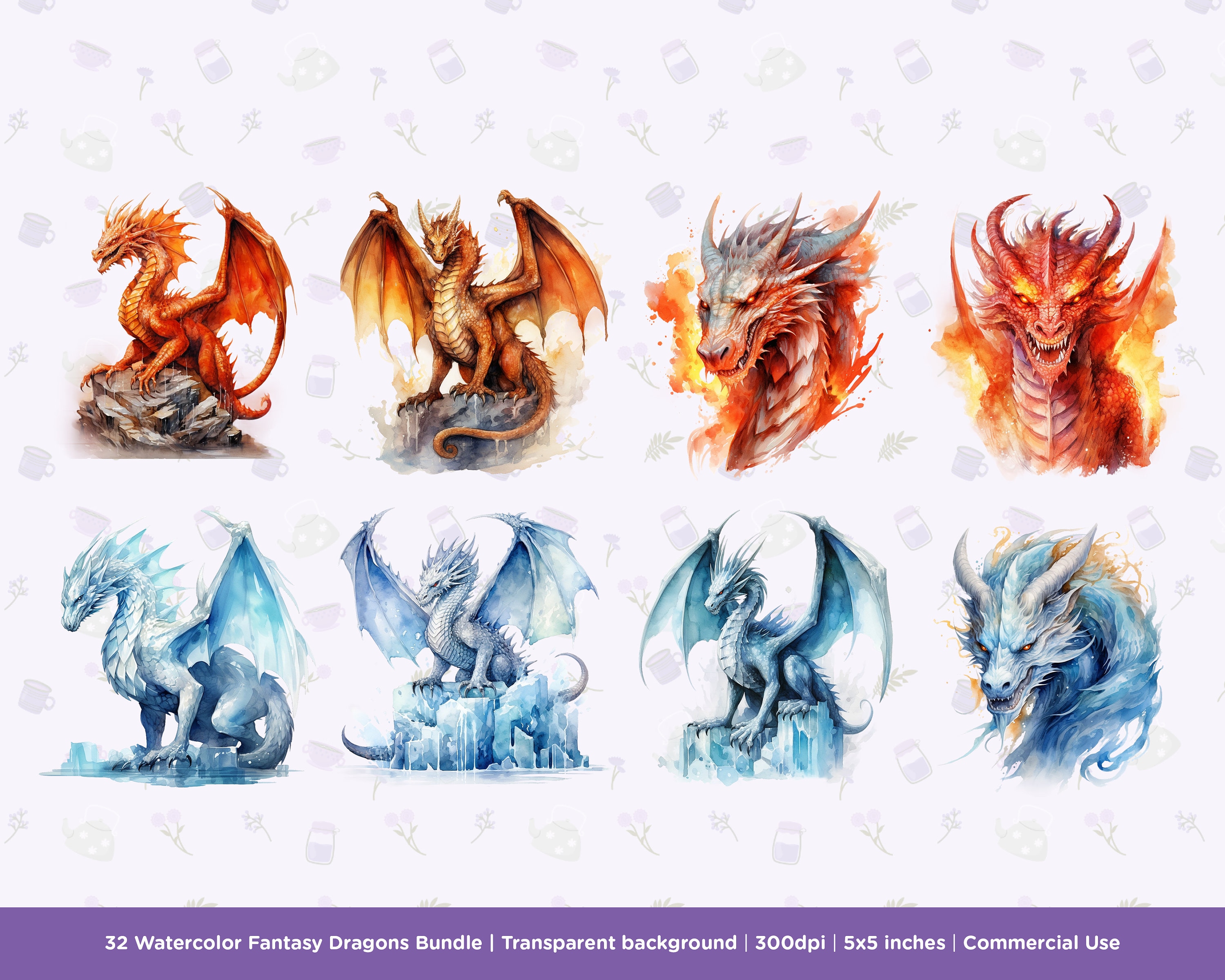 32 Watercolor Fantasy Dragons Clipart - Magical, Medieval, Fairy Tales ...