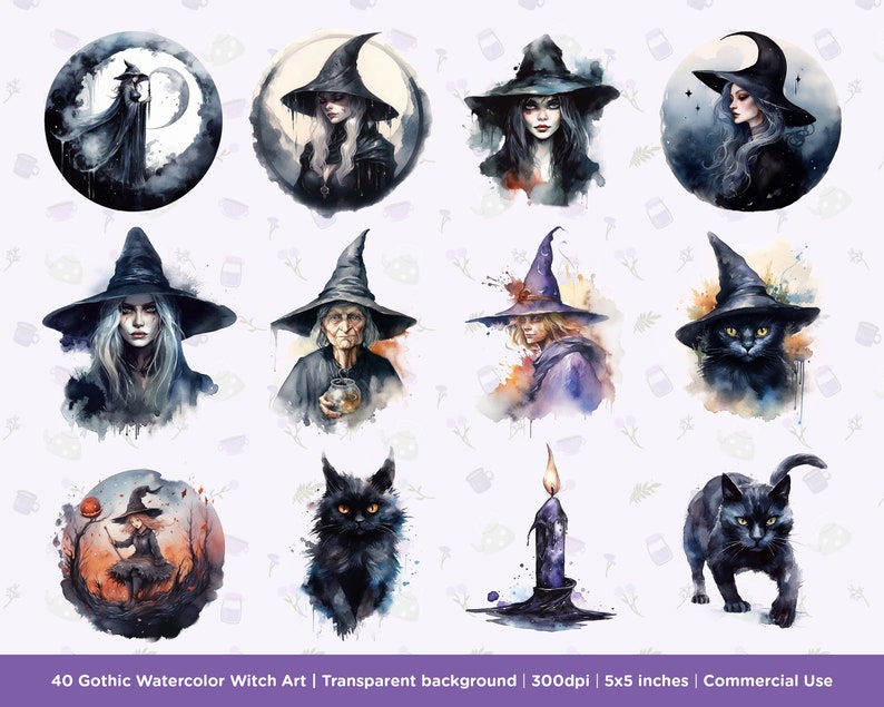 40 Watercolor Gothic Witches Clipart - Magical Witchcraft Wicca ...