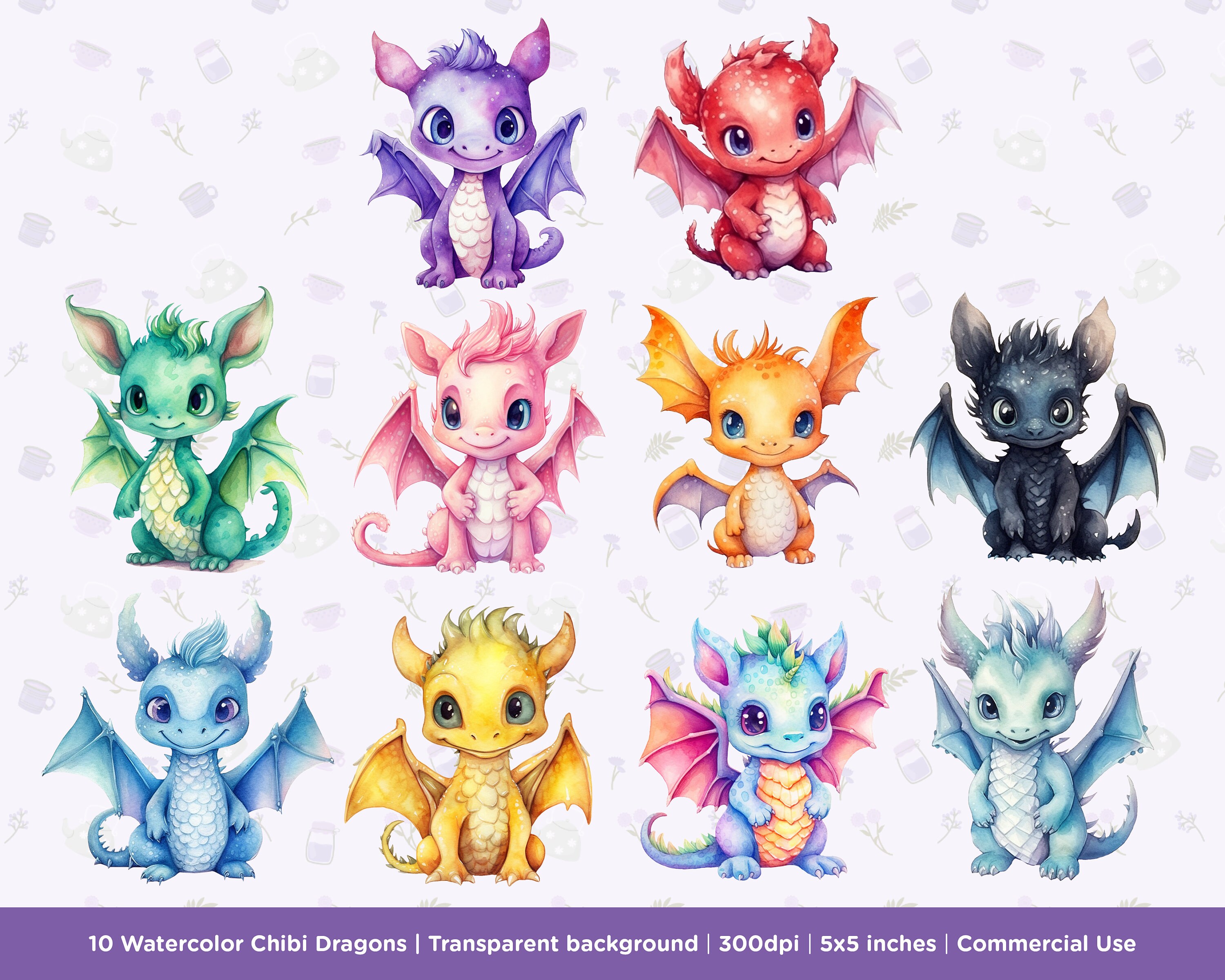 10 Watercolor Chibi Dragons Clipart - Cute, Chibi, Childrens Book ...