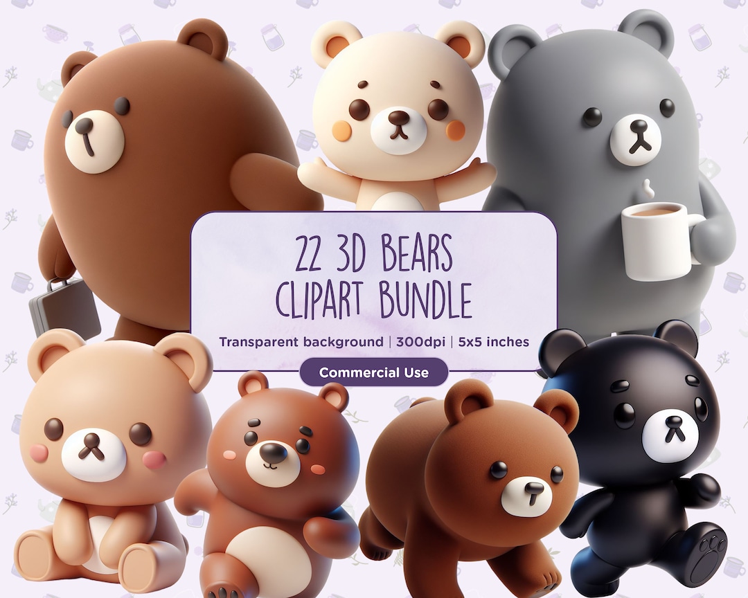 22 3D Bears Animals Clipart - Grizzly Bears, Brown Bear, Cute Teddy, Cartoon Animals, Printable ...