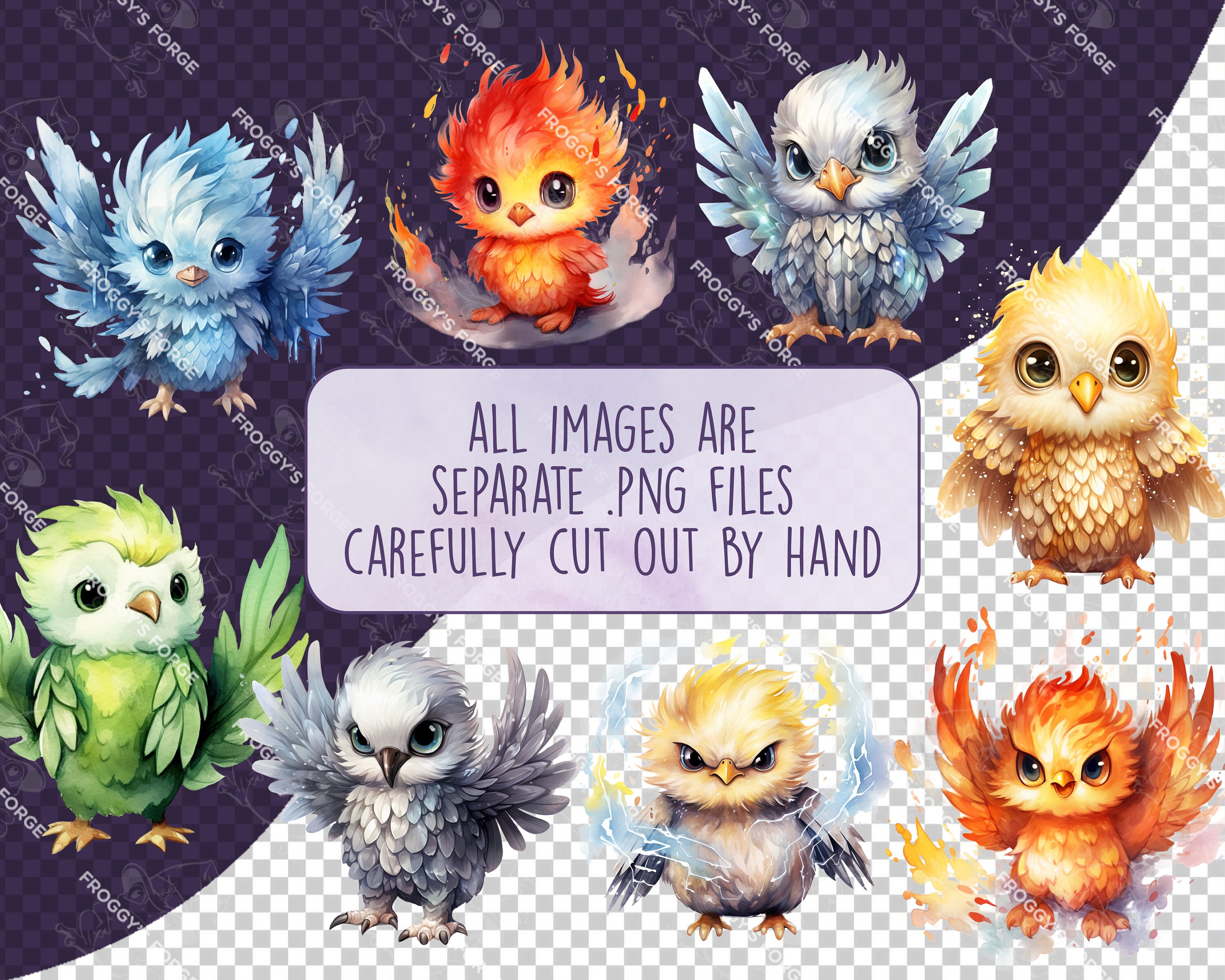 12 Watercolor Illustrated Chibi Elemental Eagles Clipart - Ice, Fire ...