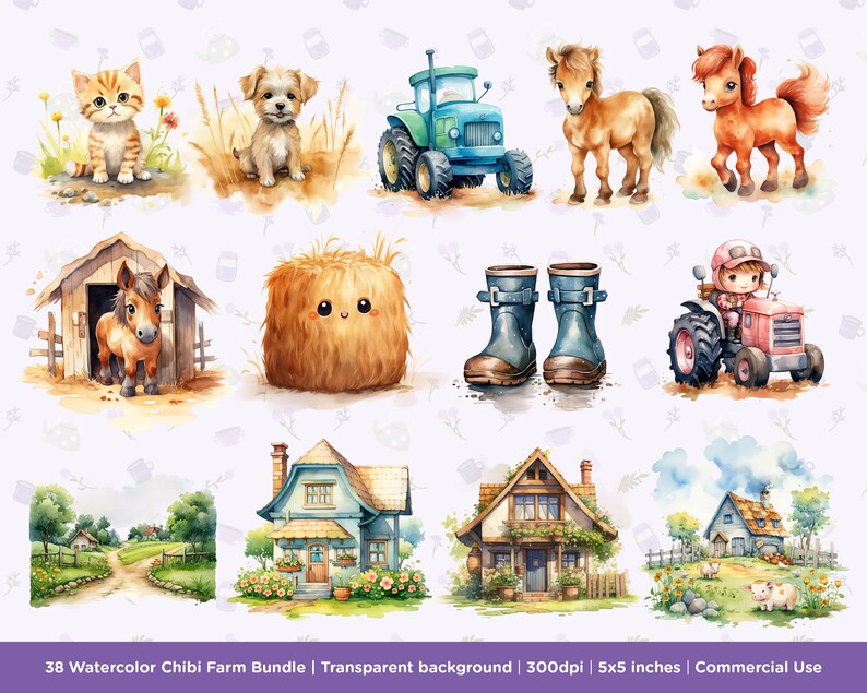 38 Watercolor Chibi Cute Adorable Farm Clipart - Farm Animals, Cows ...