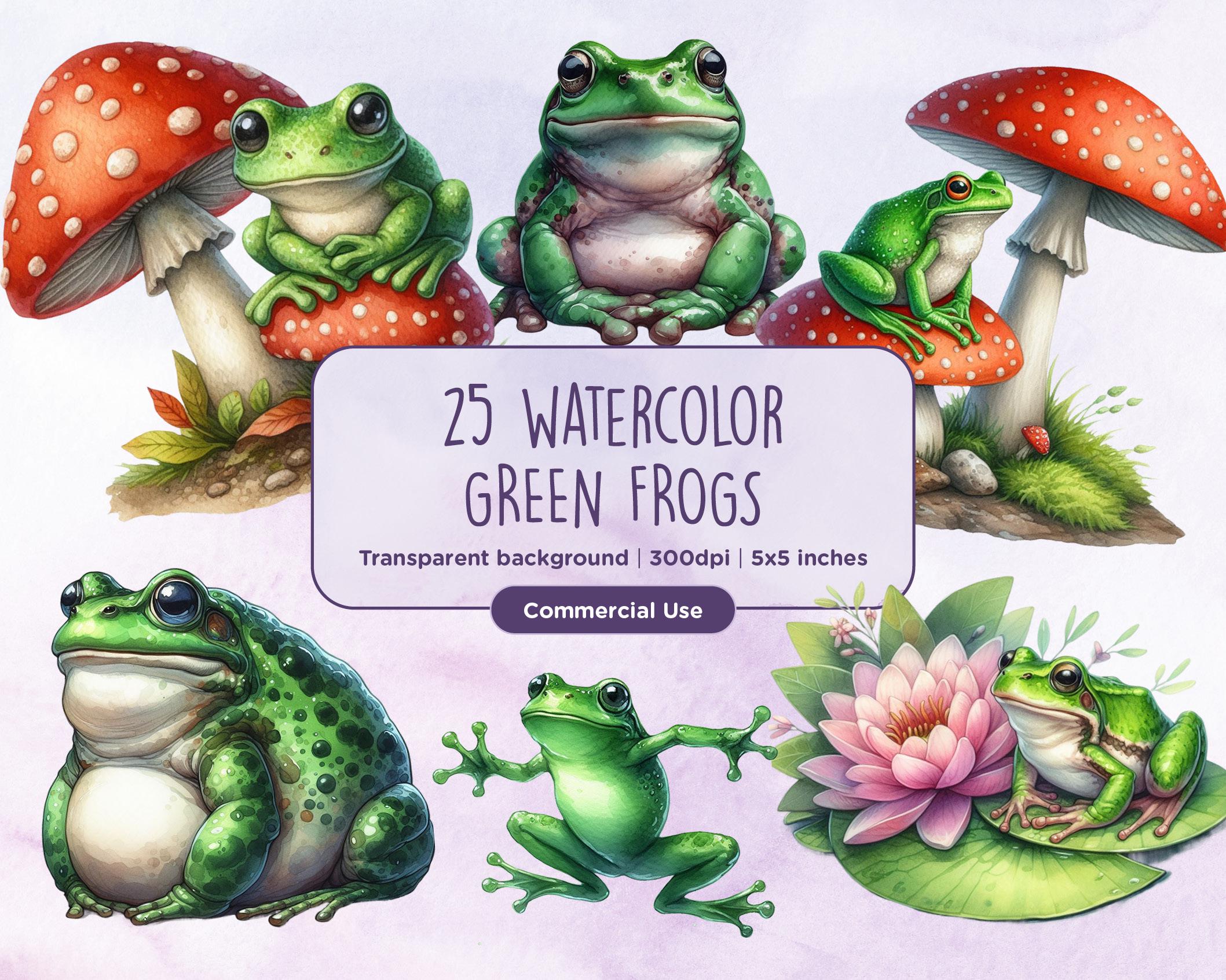 25 Watercolor Green Frogs Clipart - Pond, Lilypad, Whimsical ...