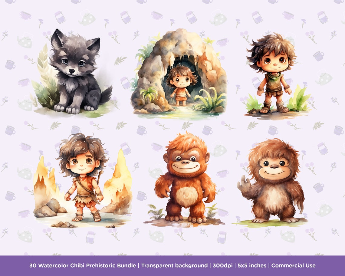 30 Watercolor Chibi Cute Prehistoric Clipart - Caveman, Cavewoman ...