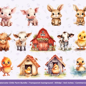 38 Watercolor Chibi Cute Adorable Farm Clipart - Farm Animals, Cows ...