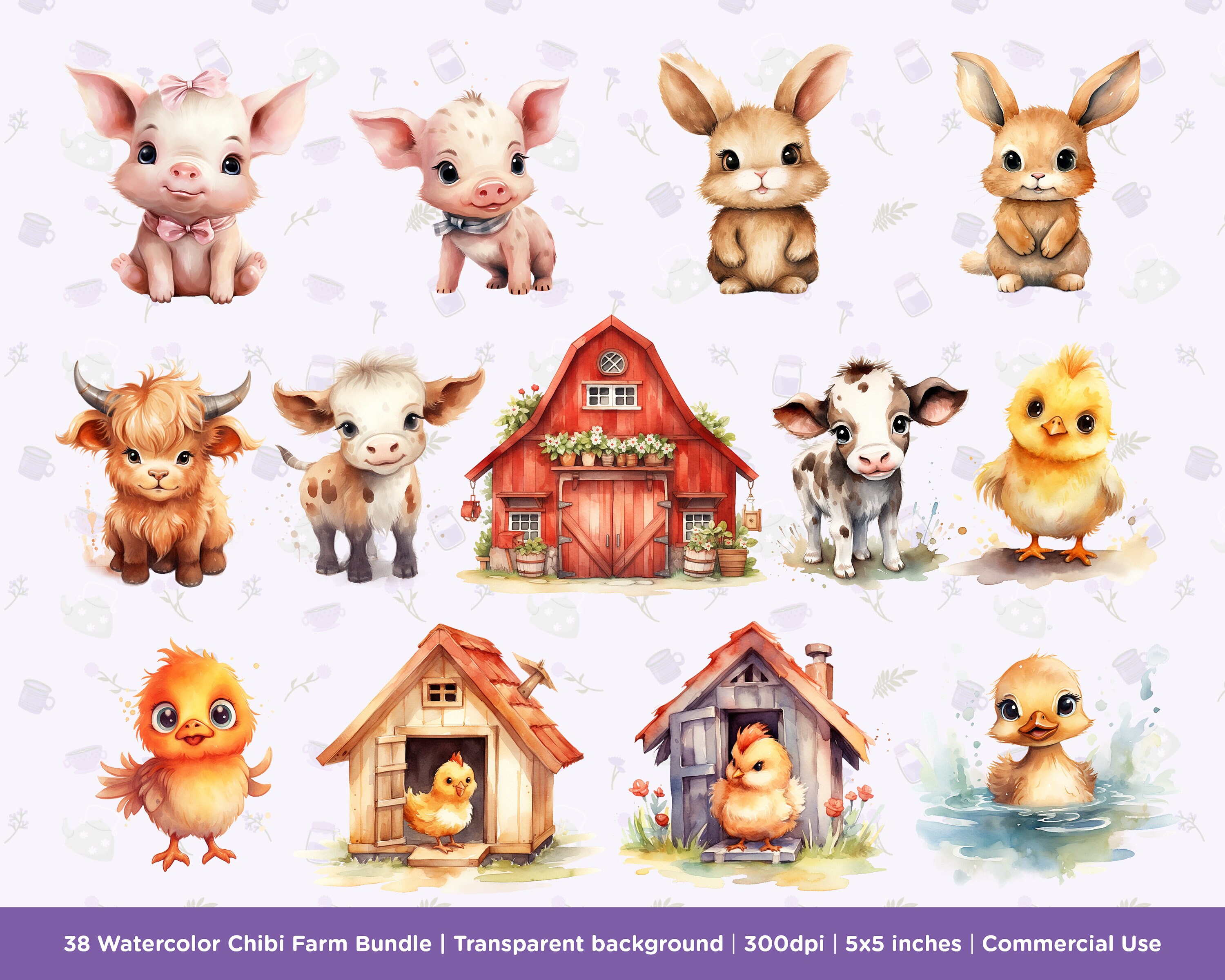 38 Watercolor Chibi Cute Adorable Farm Clipart - Farm Animals, Cows ...