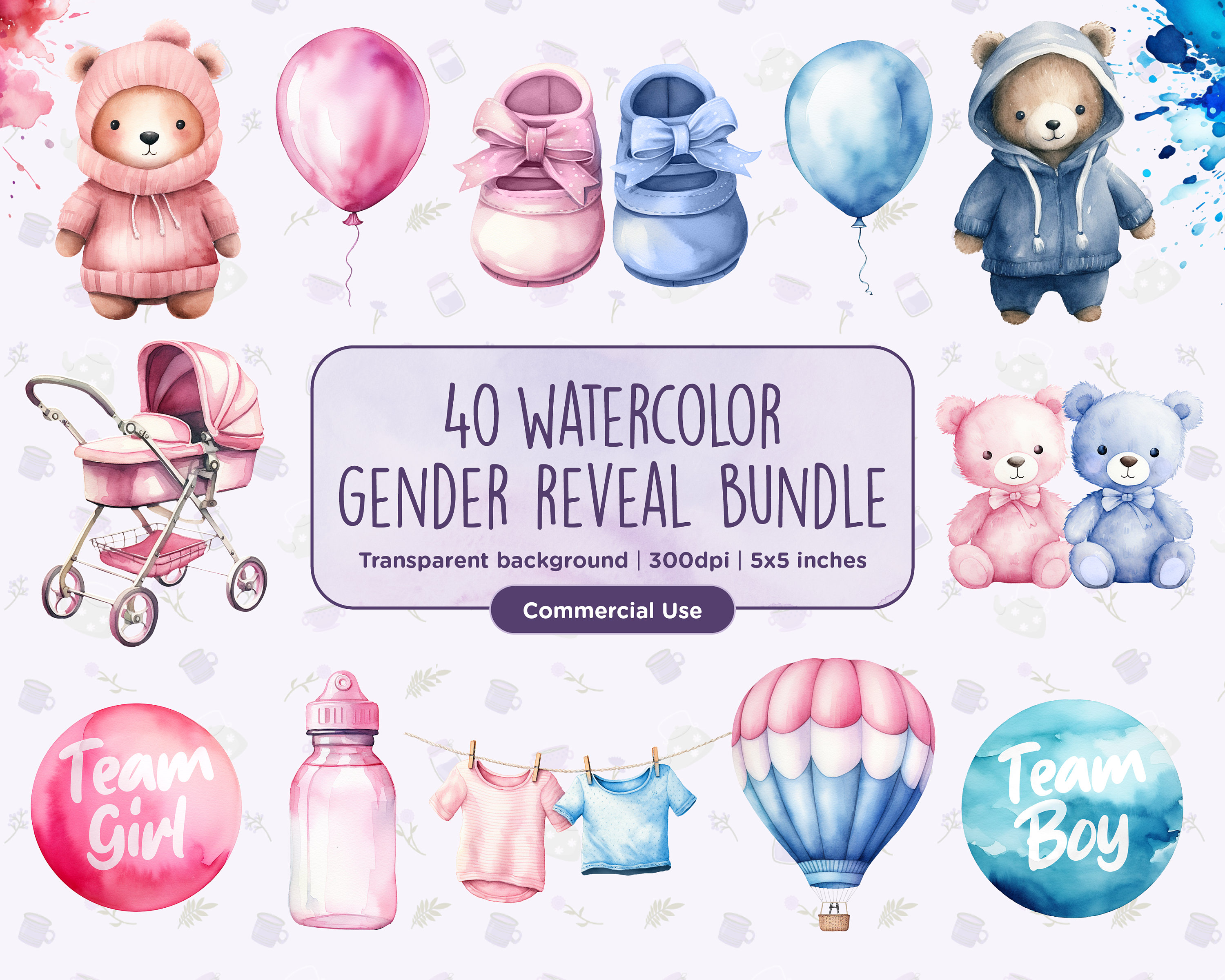 40 Watercolor Gender Reveal Bundle Clipart, Baby Nursery Decor, Baby ...