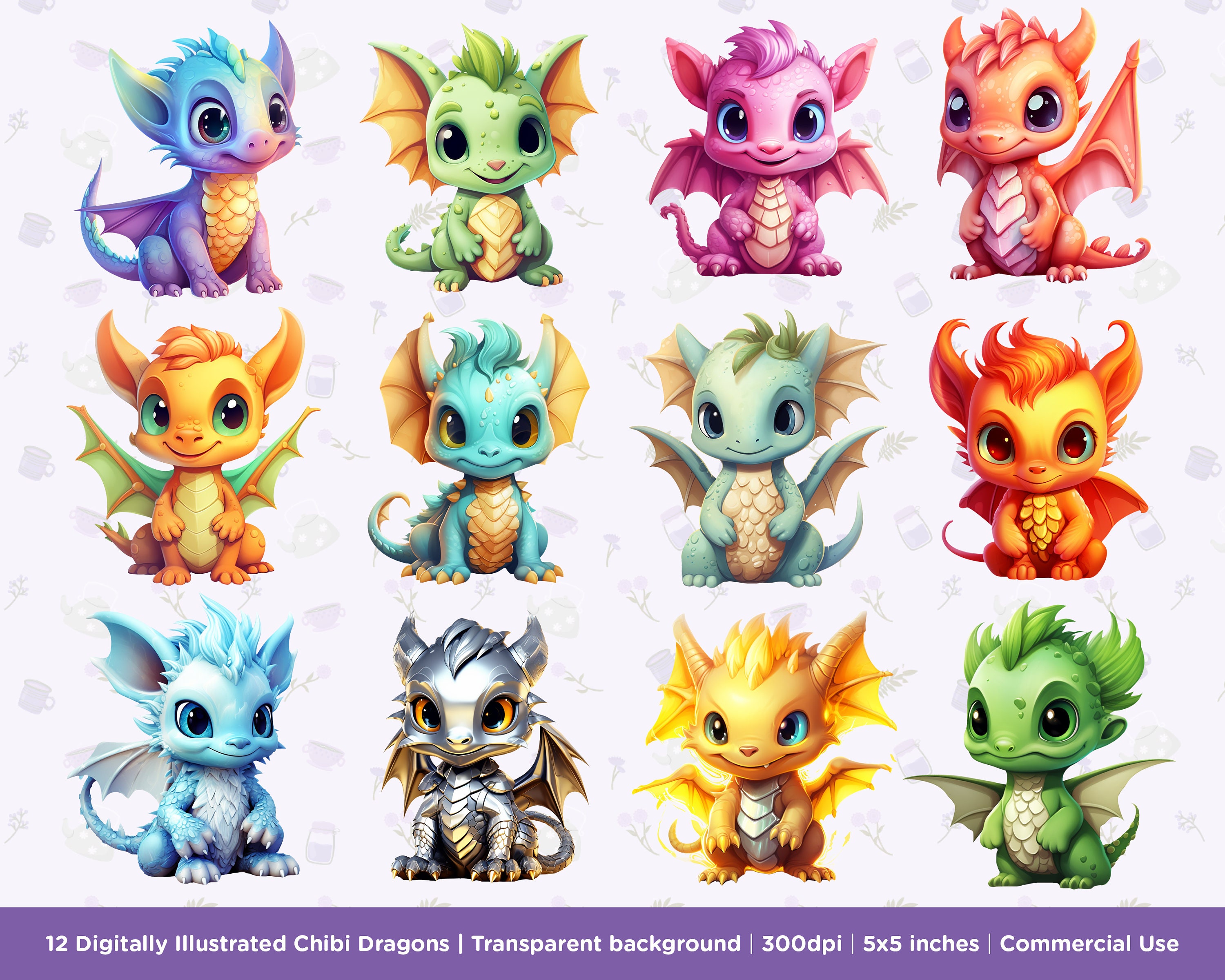 12 Digitally Illustrated Chibi Dragons Clipart - Cute, Chibi, Childrens ...