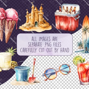 42 Watercolor Beach Summer Clipart - Ice Cream, Cocktails, Surfing ...