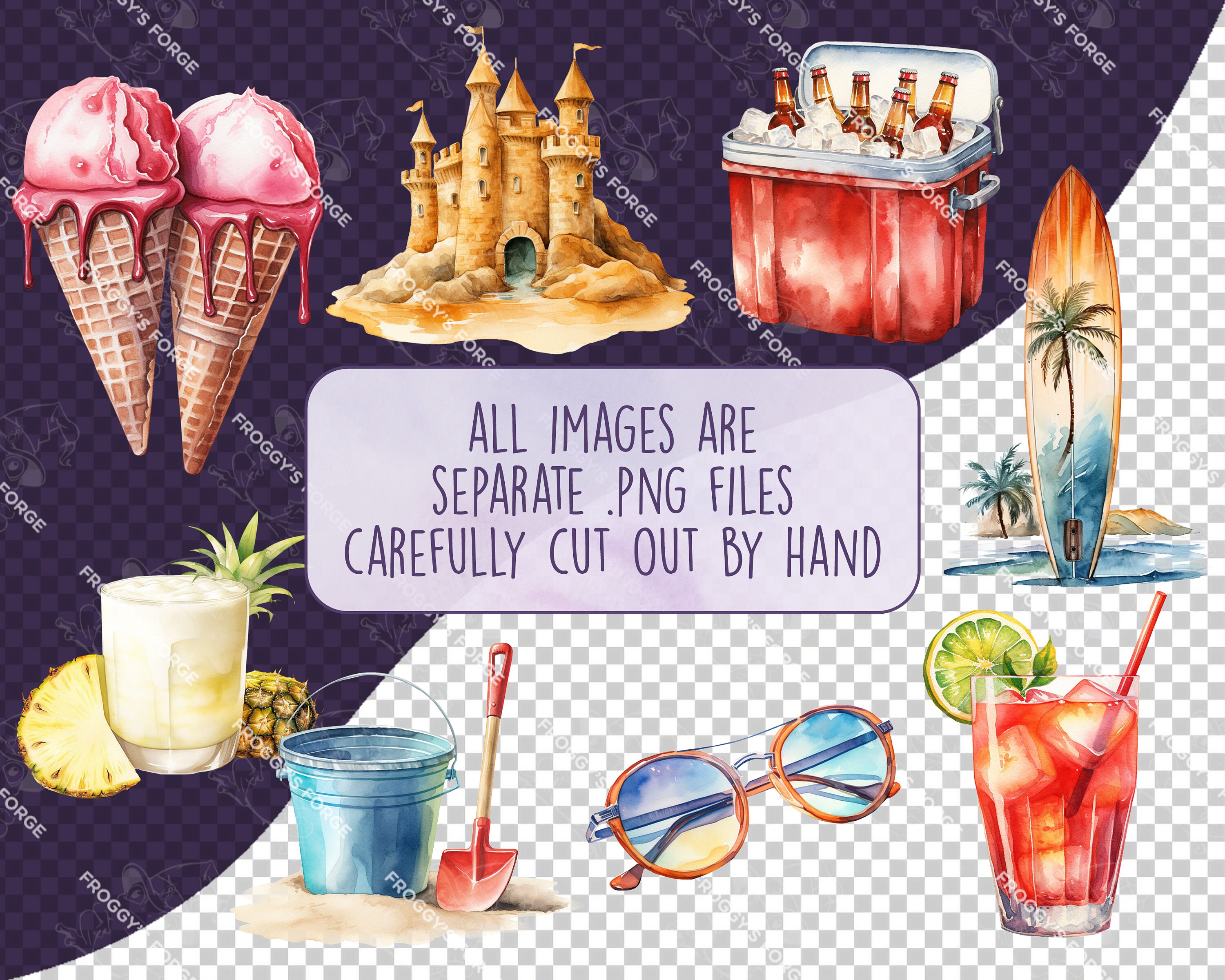 42 Watercolor Beach Summer Clipart Ice Cream, Cocktails, Surfing, Beach ...