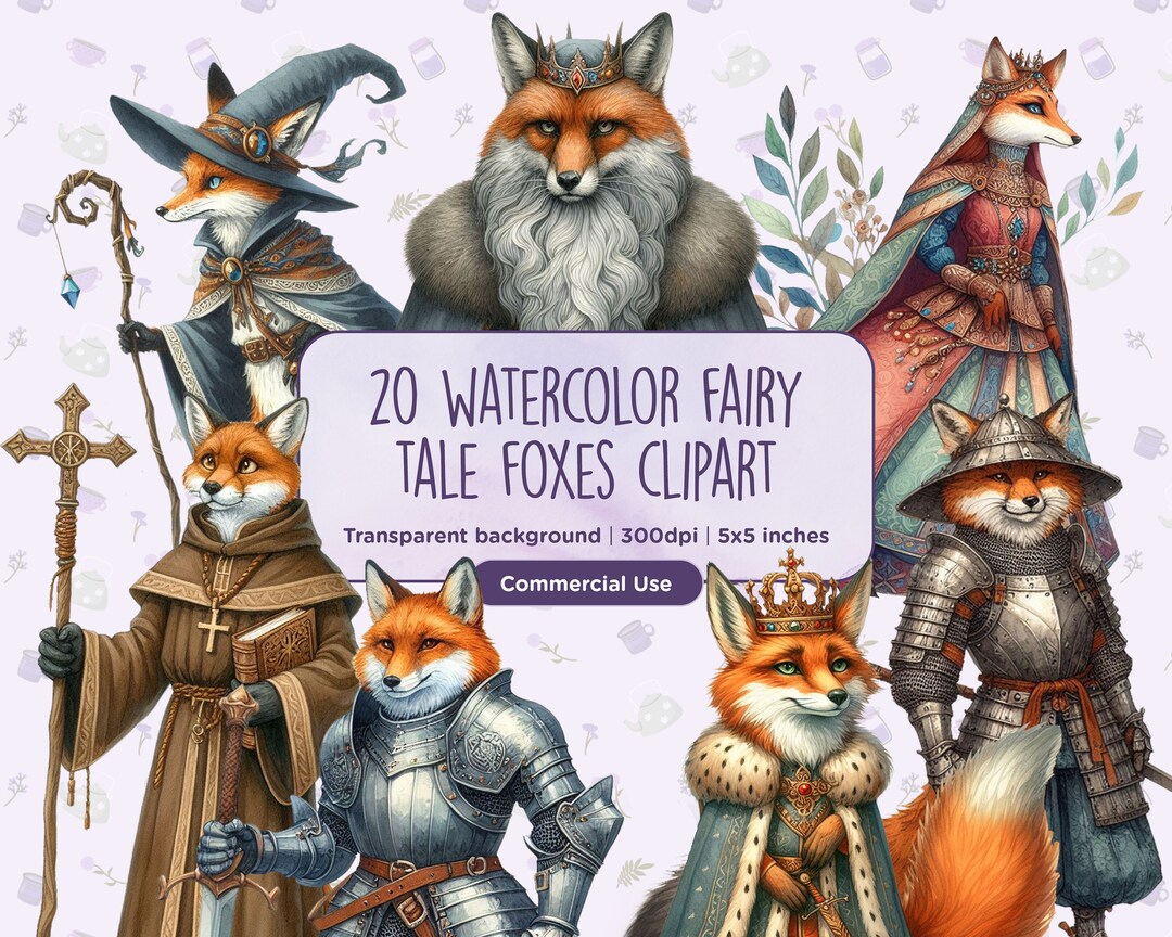 20 Watercolor Fairy Tale Foxes Clipart - Wizard,princess,medieval ...