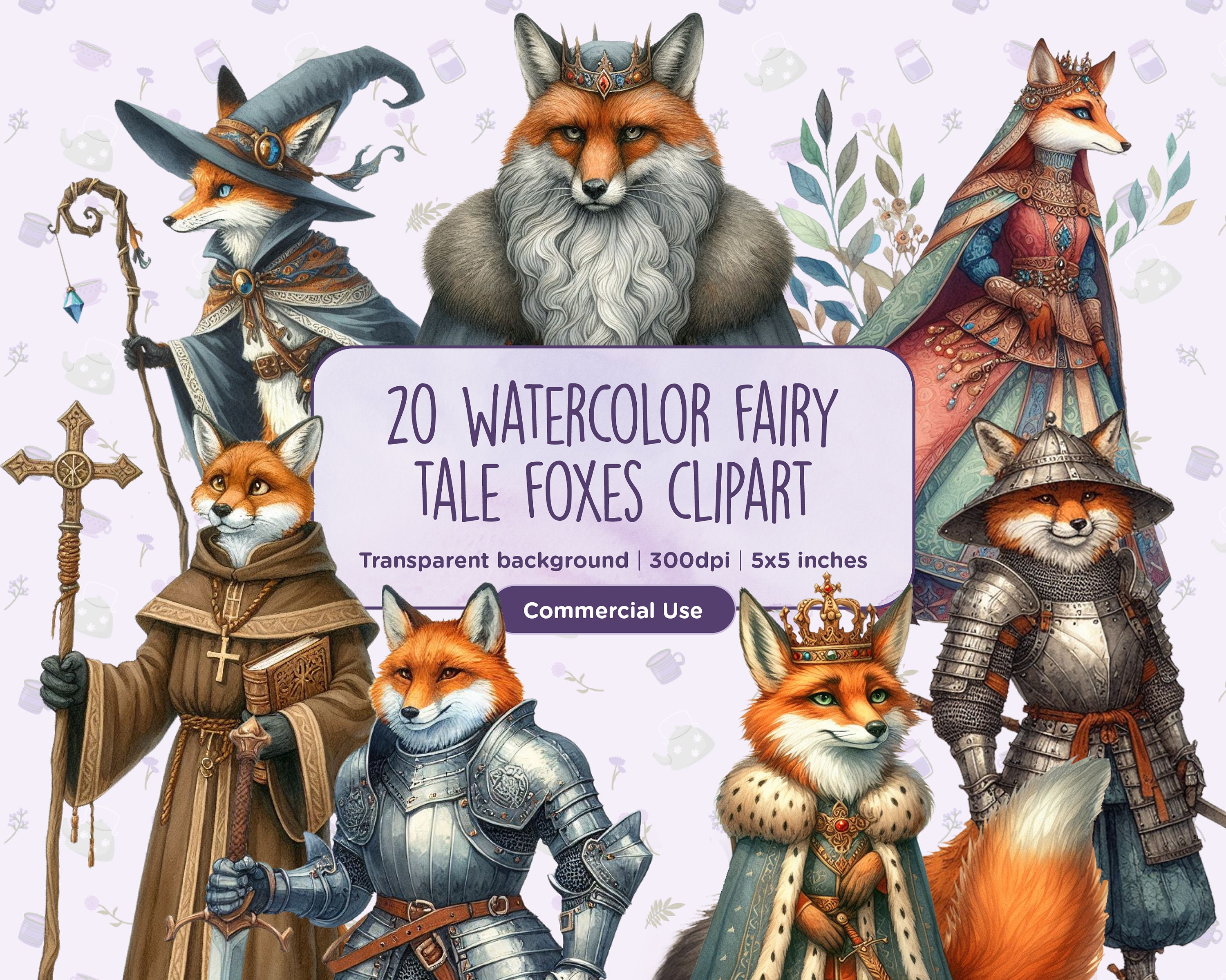 20 Watercolor Fairy Tale Foxes Clipart Wizard,princess,medieval,knight ...