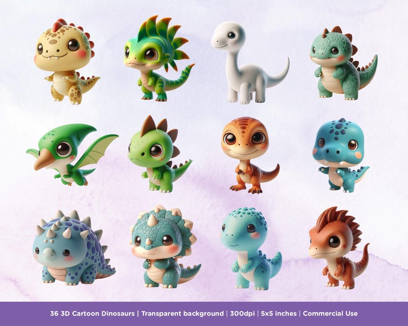 36 3D Cartoon Dinosaurs Clipart - T-rex, Pterodactyl, Brontosaurus ...