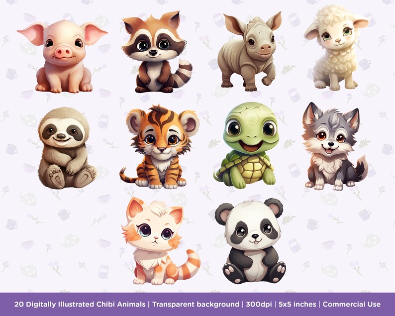 20 Digitally Illustrated Chibi Animals Clipart - Cute, Chibi, Book ...