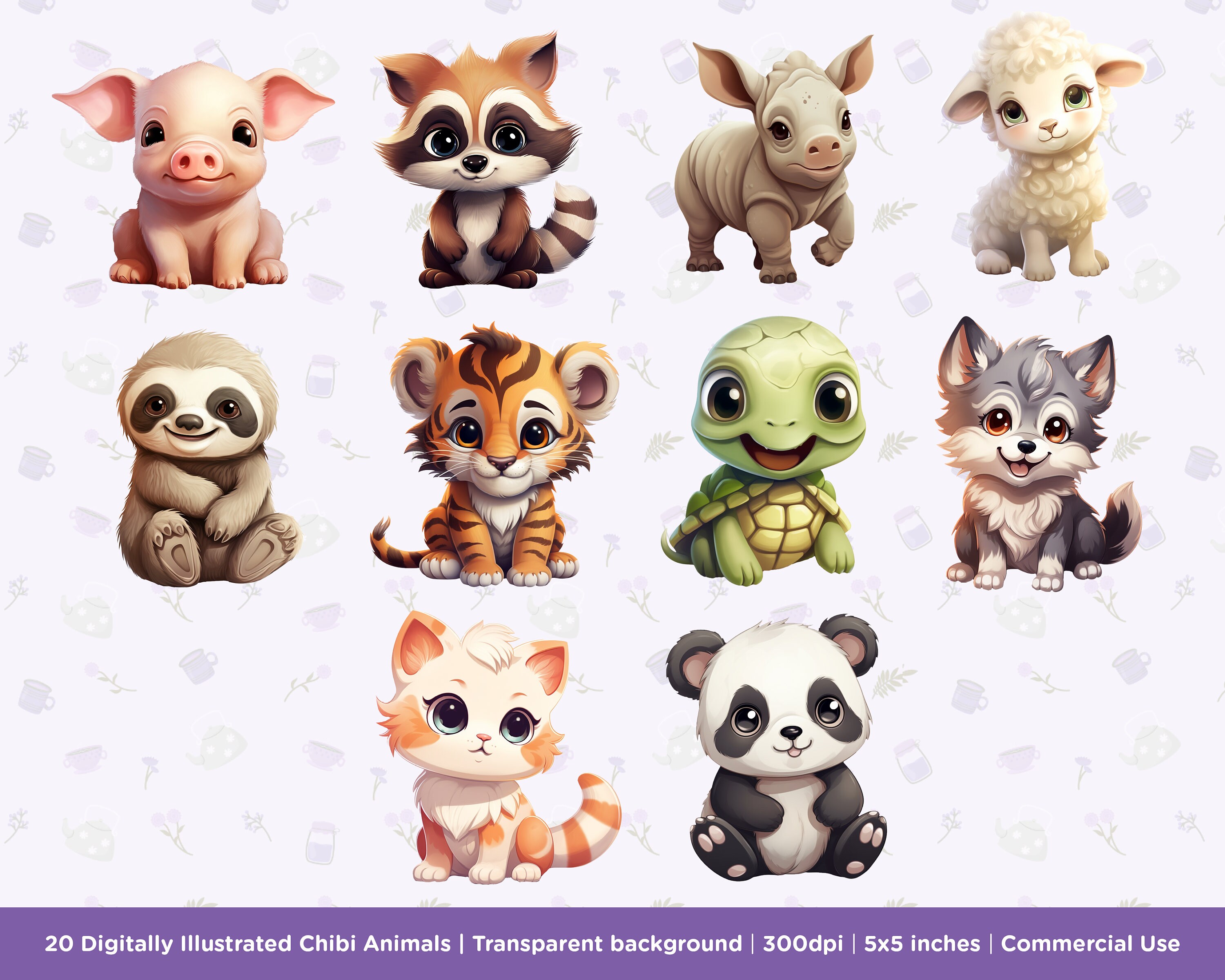 20 Digitally Illustrated Chibi Animals Clipart - Cute, Chibi, Book ...