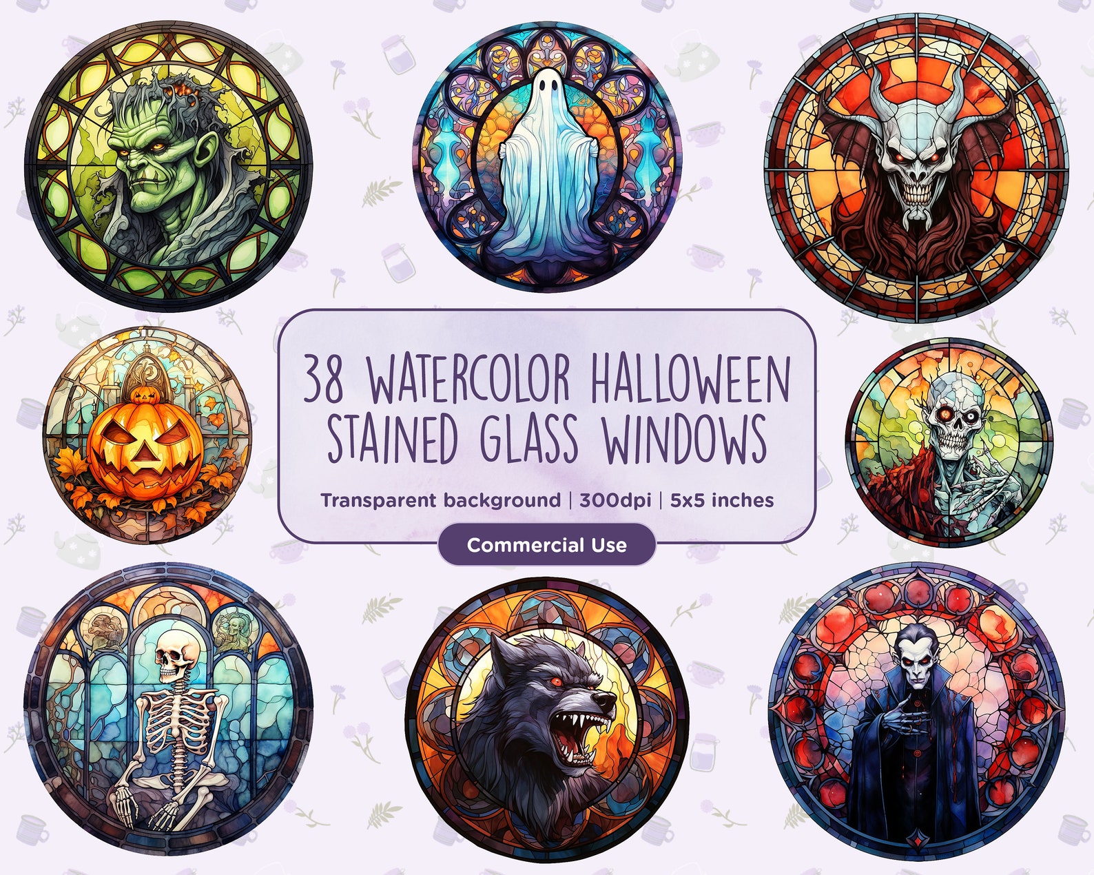 38 Watercolor Halloween Stained Glass Windows Clipart - Werewolf ...