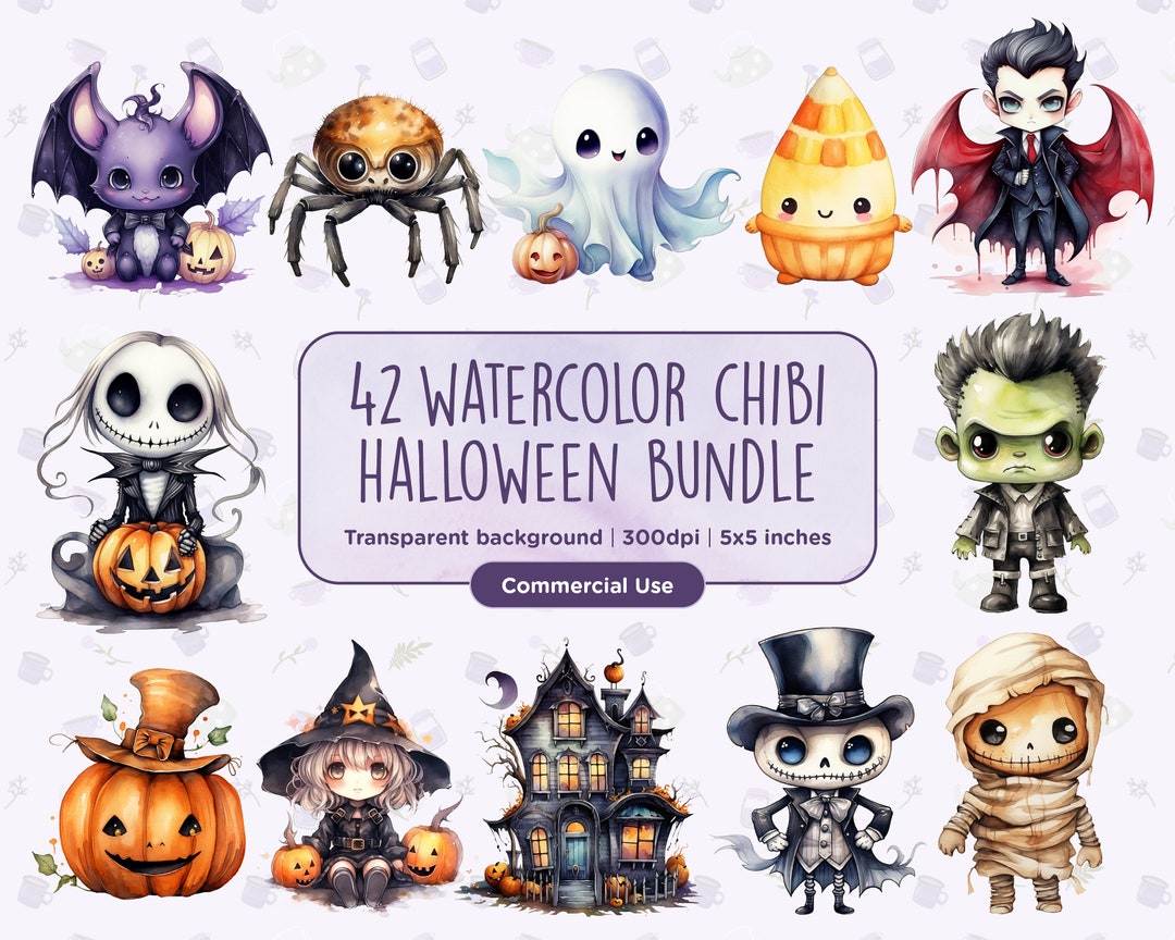 42 Watercolor Chibi Halloween Clipart - Jack-o-lantern, Witch, Ghost ...