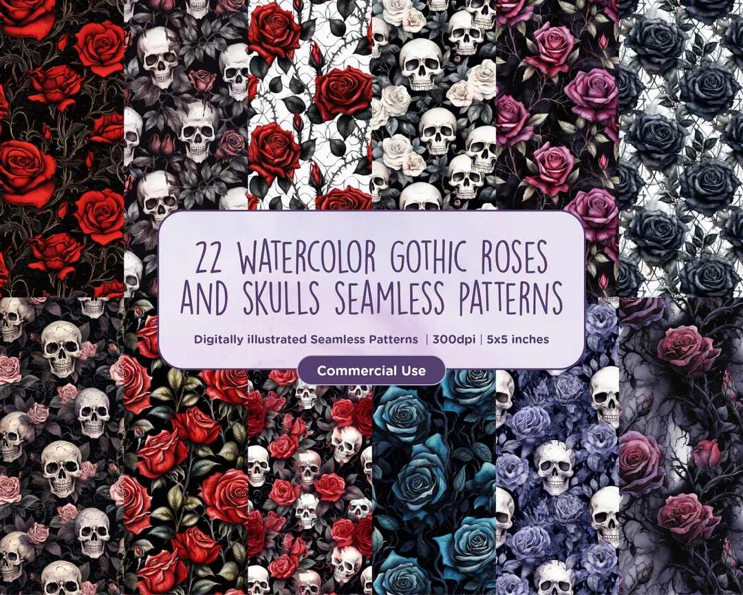 22 Watercolor Gothic Black Rose and Skulls Seamless Patterns - Goth ...