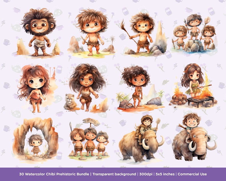 30 Watercolor Chibi Cute Prehistoric Clipart Caveman, Cavewoman, Woolly ...