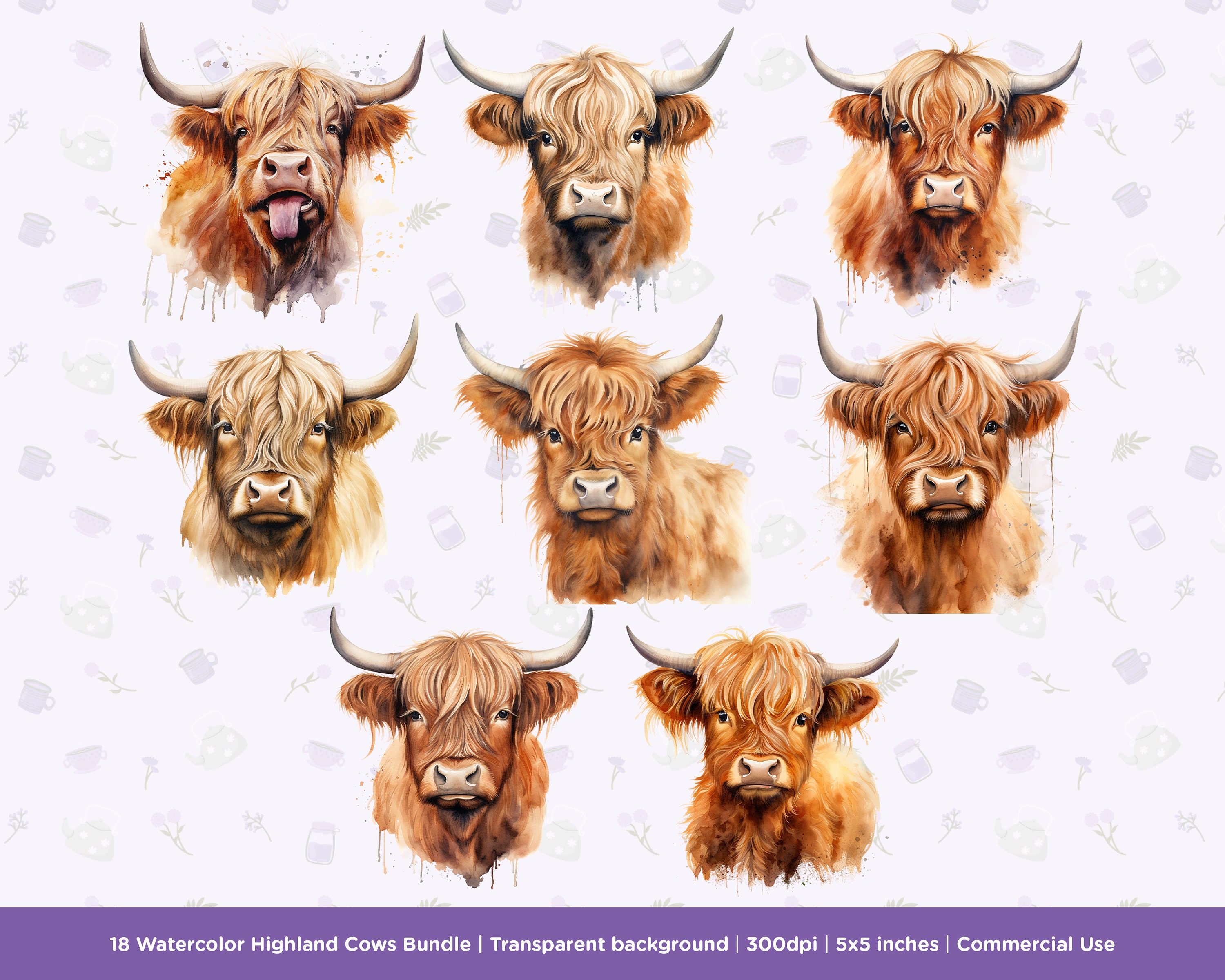 18 Watercolor Highland Cows Clipart High Quality Cute - Etsy