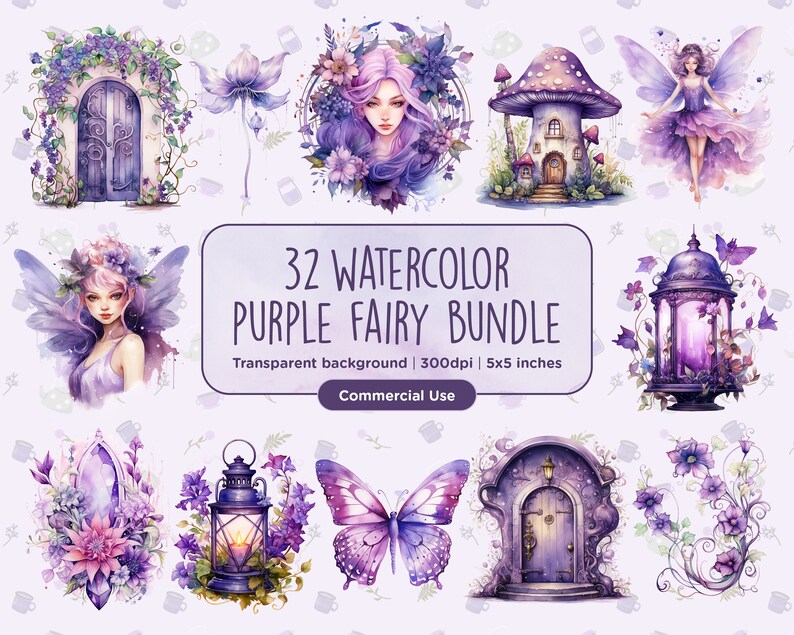 32 Watercolor Purple Fairy Clipart - Magical Fairies, Pixies, Magic ...