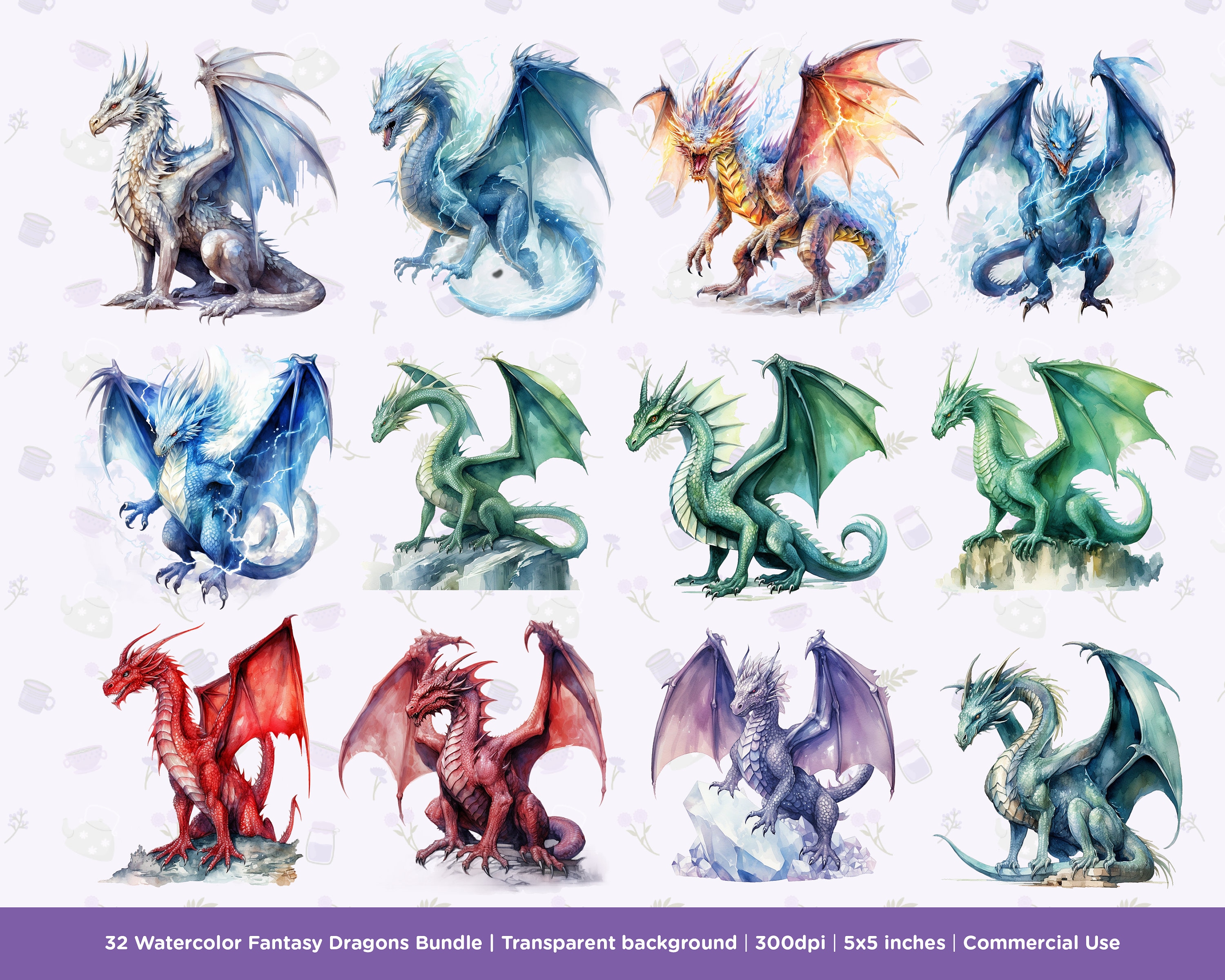 32 Watercolor Fantasy Dragons Clipart - Magical, Medieval, Fairy Tales ...