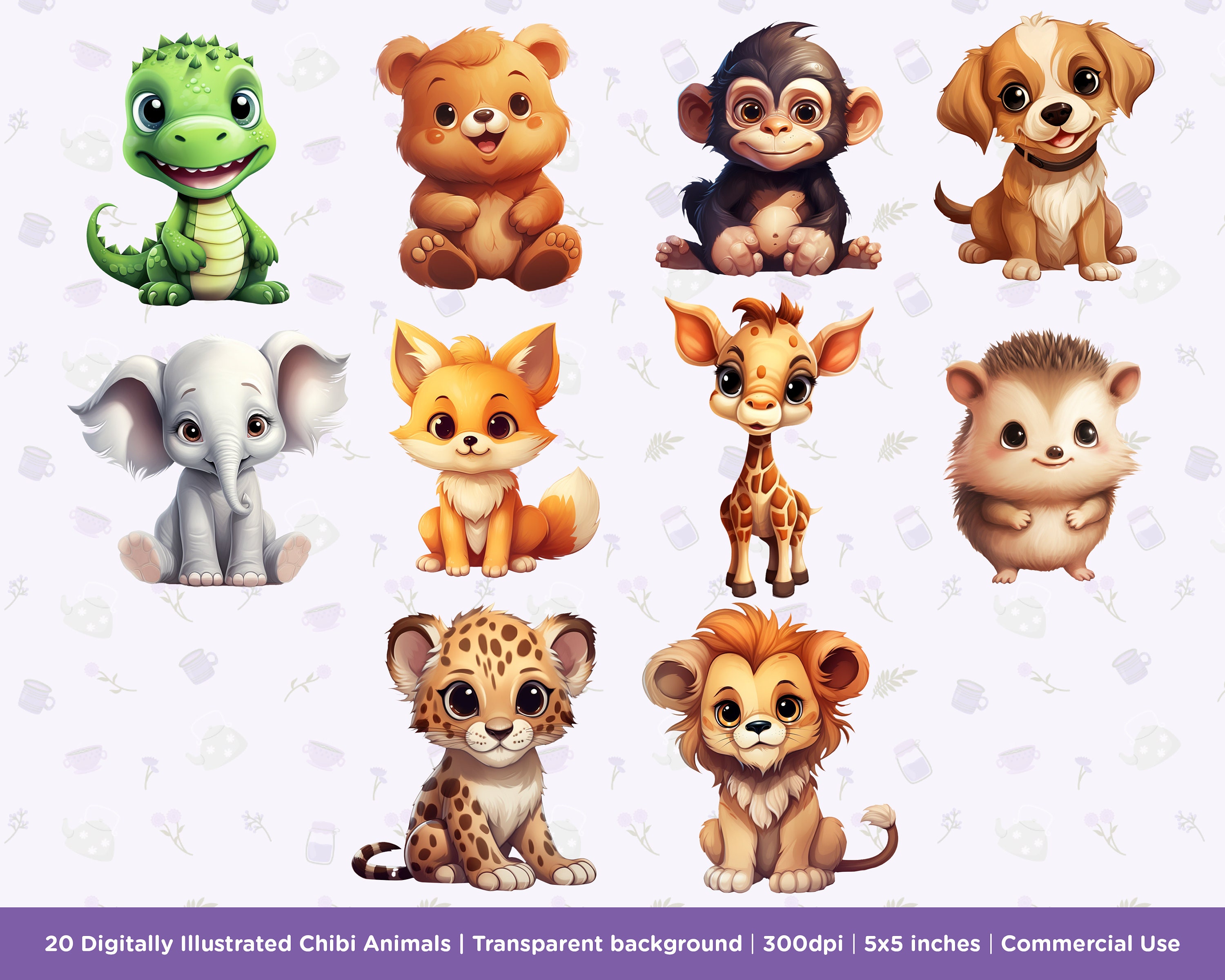 20 Digitally Illustrated Chibi Animals Clipart - Cute, Chibi, Book ...