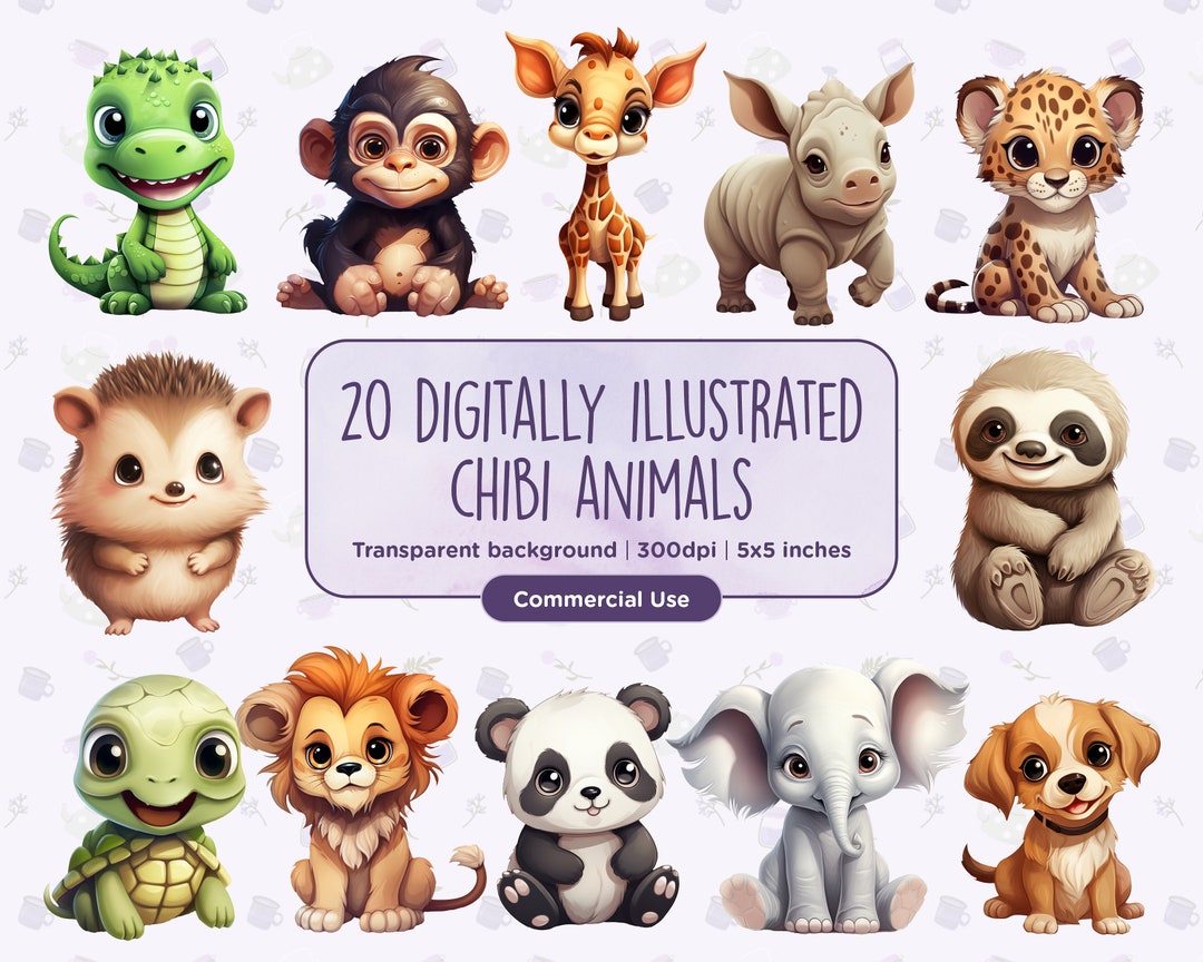 20 Digitally Illustrated Chibi Animals Clipart - Cute, Chibi, Book ...