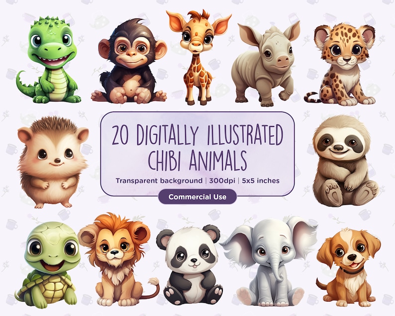20 Digitally Illustrated Chibi Animals Clipart - Cute, Chibi, Book ...