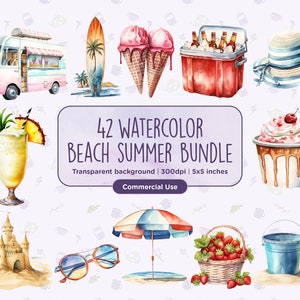 42 Watercolor Beach Summer Clipart - Ice Cream, Cocktails, Surfing ...