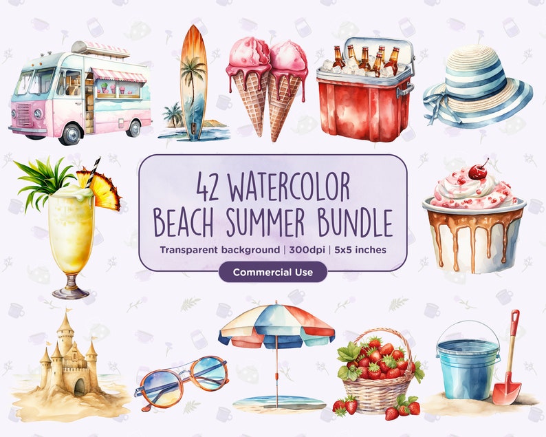 42 Watercolor Beach Summer Clipart Ice Cream, Cocktails, Surfing, Beach ...