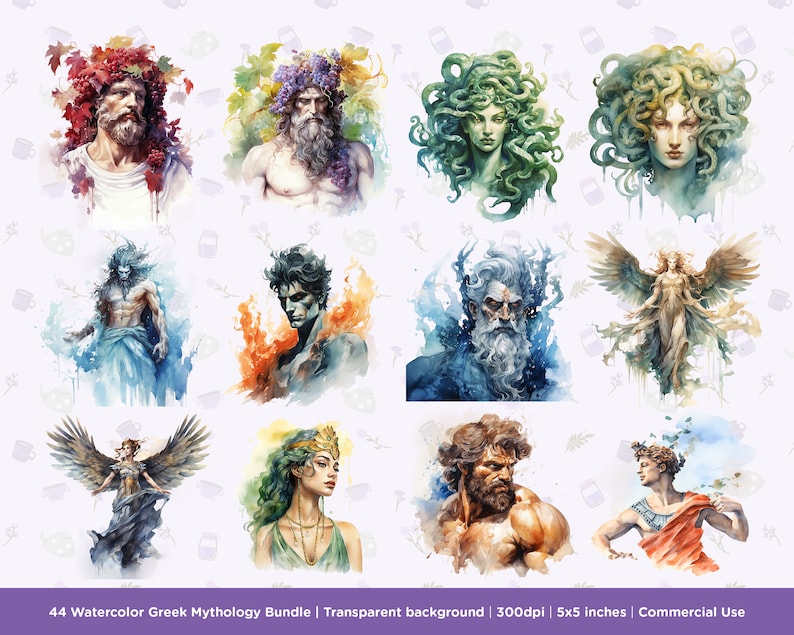 44 Watercolor Greek Mythology Clipart - Zeus, Gods, Poseidon, Hades ...