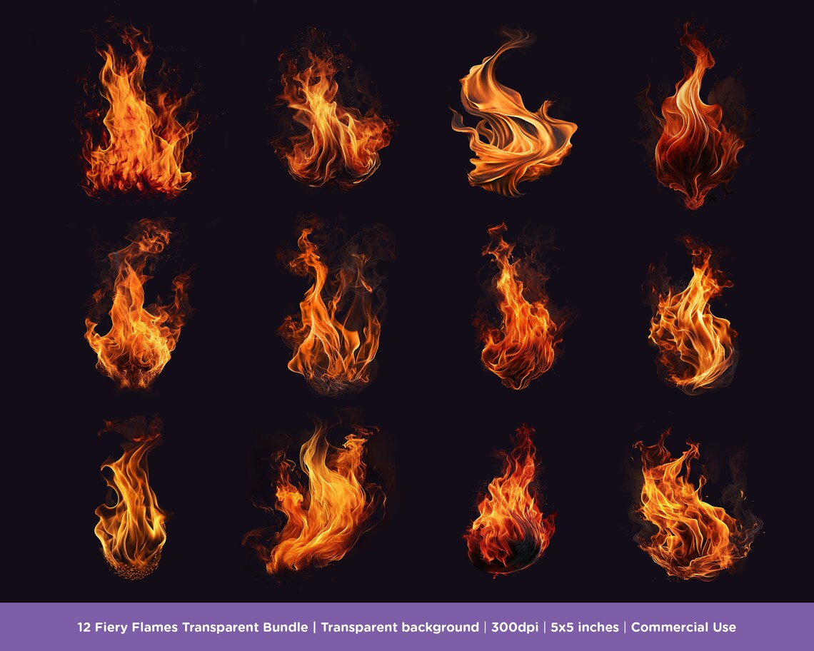 12 Fire Overlays 300dpi Transparent PNG Clipart - 12 Individual Fiery ...