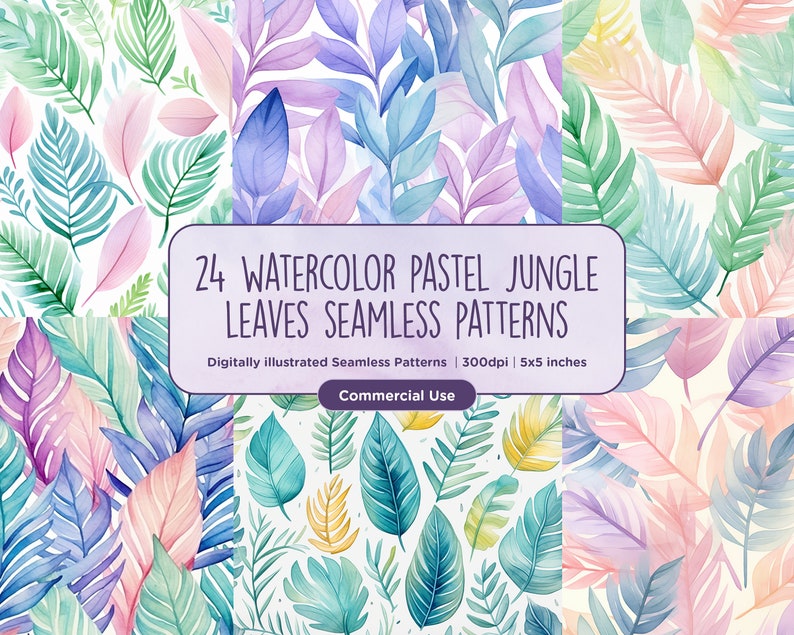 24 Watercolor Pastel Jungle Leaves Seamless Patterns - Kids, Safari ...