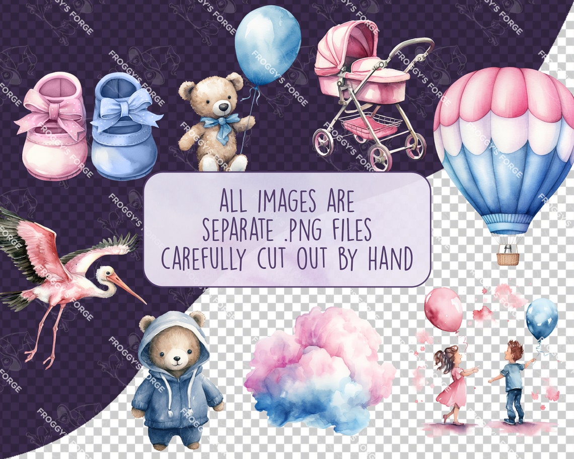 40 Watercolor Gender Reveal Bundle Clipart, Baby Nursery Decor, Baby ...