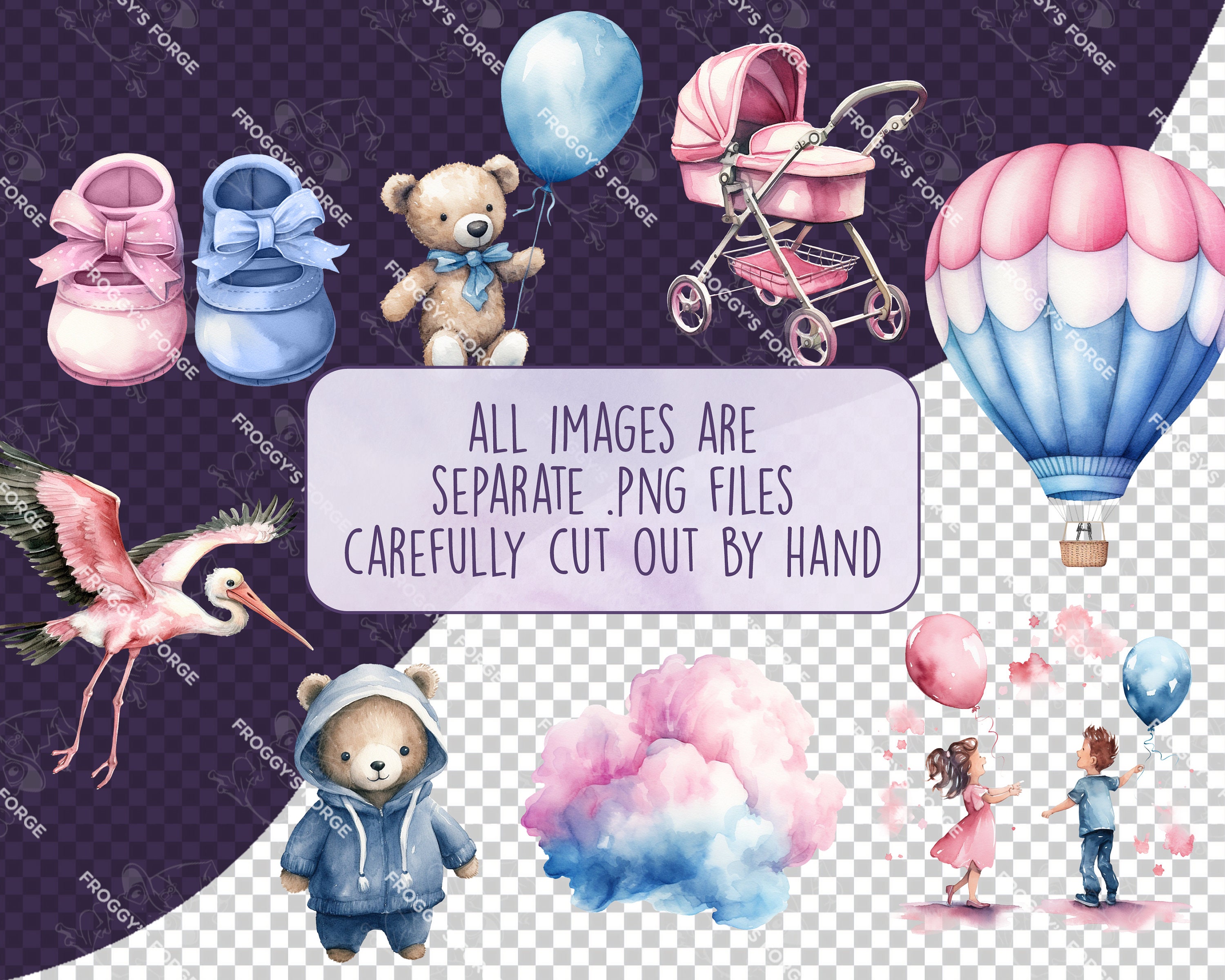 40 Watercolor Gender Reveal Bundle Clipart, Baby Nursery Decor, Baby ...