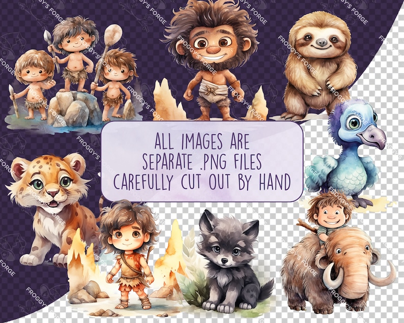 30 Watercolor Chibi Cute Prehistoric Clipart Caveman, Cavewoman, Woolly ...