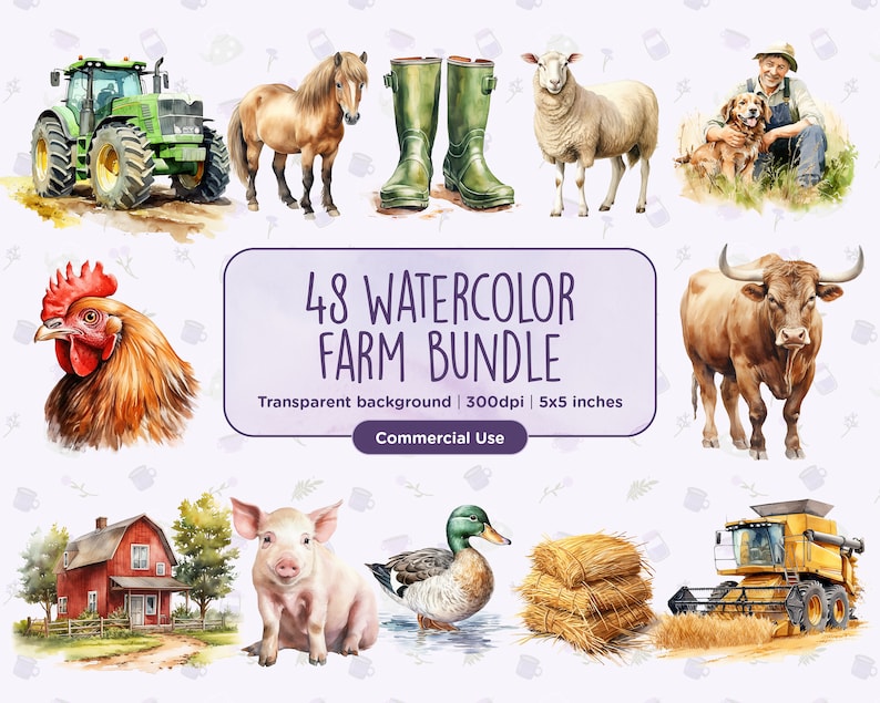 48 Watercolor Farm Clipart - Farm Animals, Cows, Horses, Chickens, Hen ...