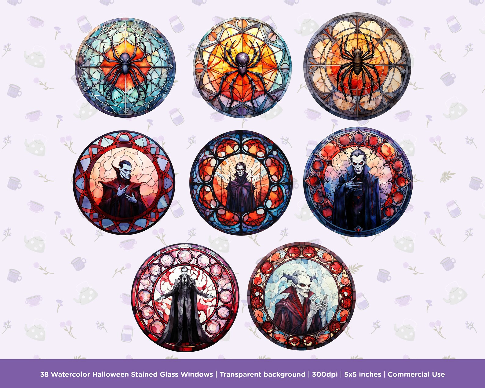 38 Watercolor Halloween Stained Glass Windows Clipart - Werewolf ...