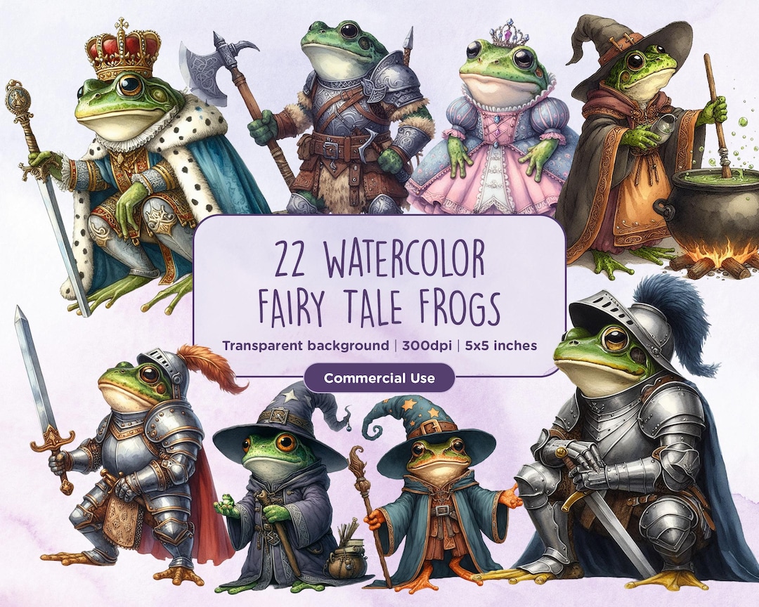 22 Watercolor Fairy Tale Frogs Clipart - Wizard,princess,medieval ...