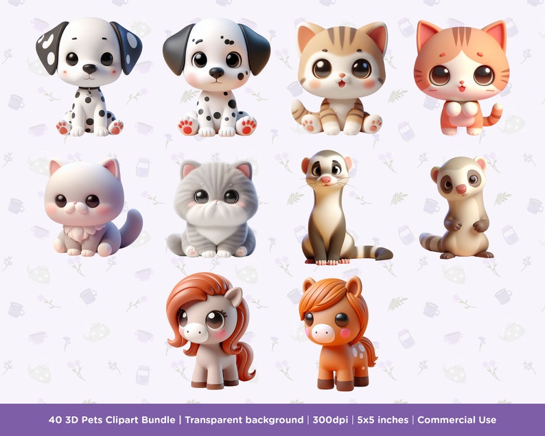 40 3D Pets Clipart - Cute, Cartoon Characters,puppies,kittens,lizards ...