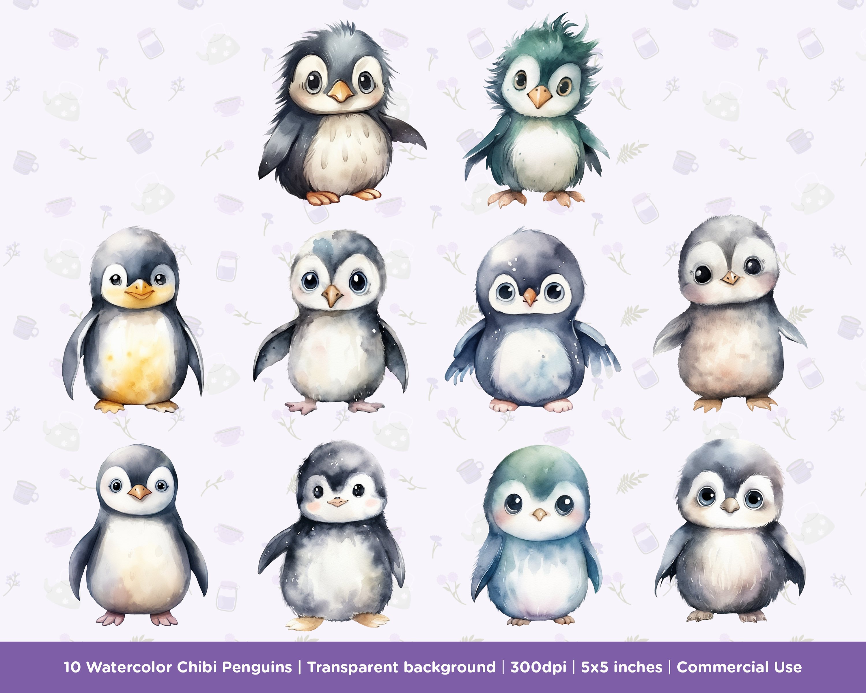 10 Watercolor Chibi Penguins Clipart - Cute, Chibi, Childrens Book Illustrations, Animals, Pngs ...