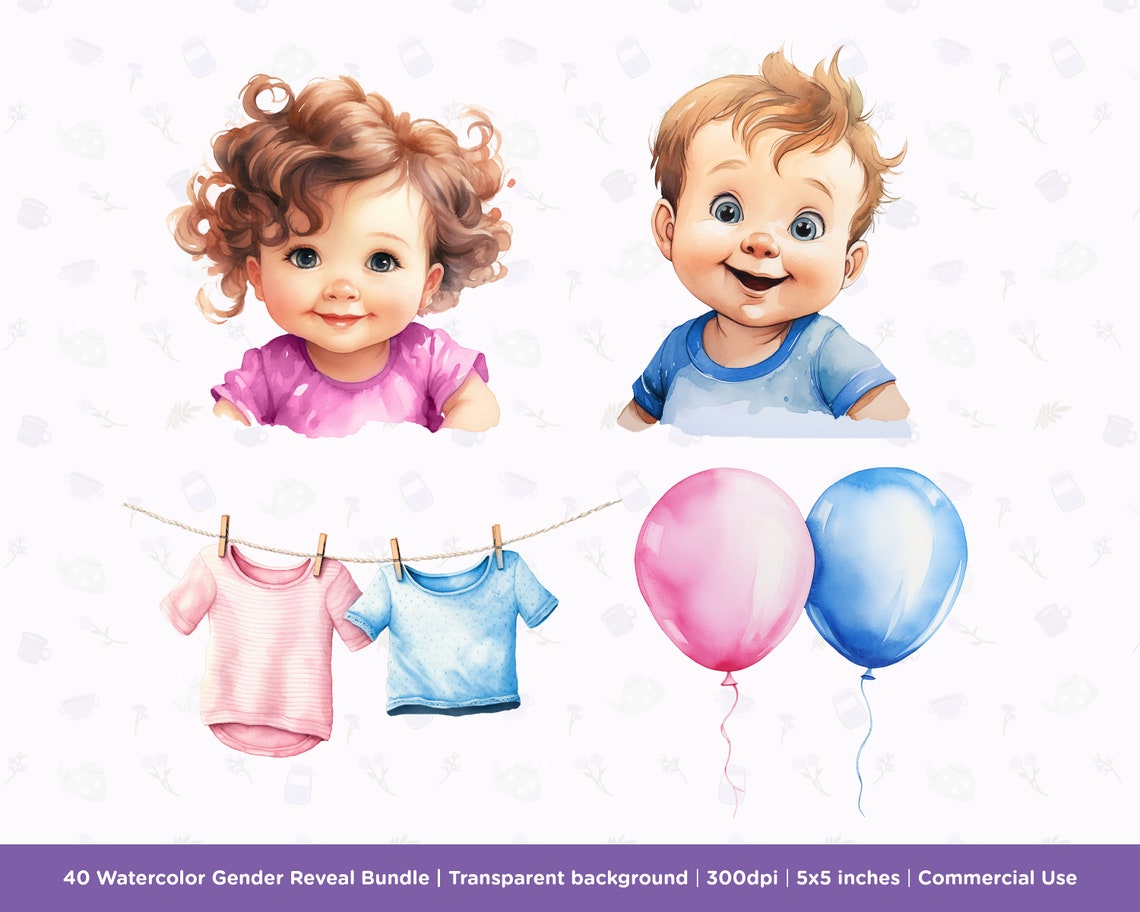 40 Watercolor Gender Reveal Bundle Clipart, Baby Nursery Decor, Baby ...