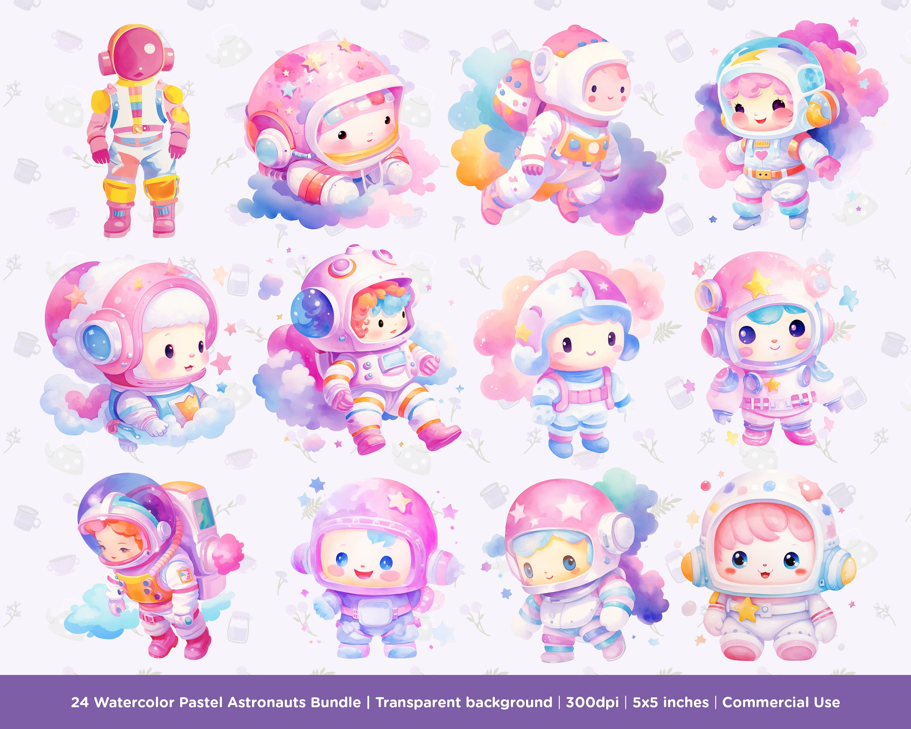 24 Watercolor Pastel Astronauts Clipart Cute Chibi - Etsy